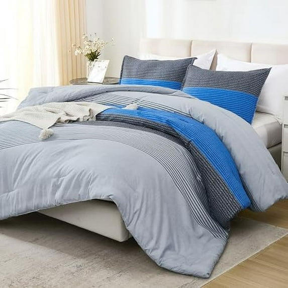 Bed Comforter King Set Grey Blue, Striped Bedding Comforter Set, 3 ...