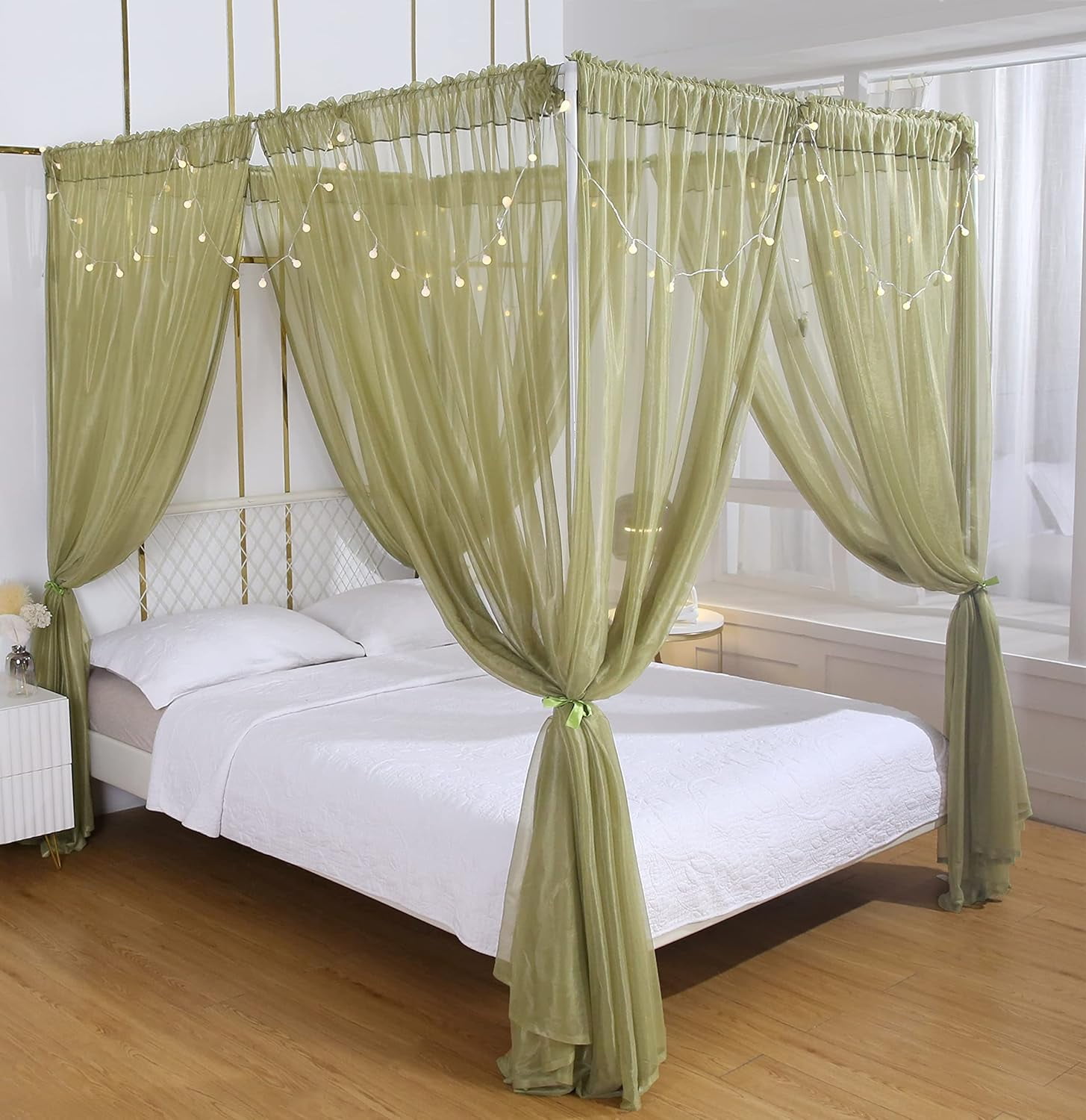 Bed Curtains with Lights 4 Corner Post Bed Canopy for Adults Girls ...
