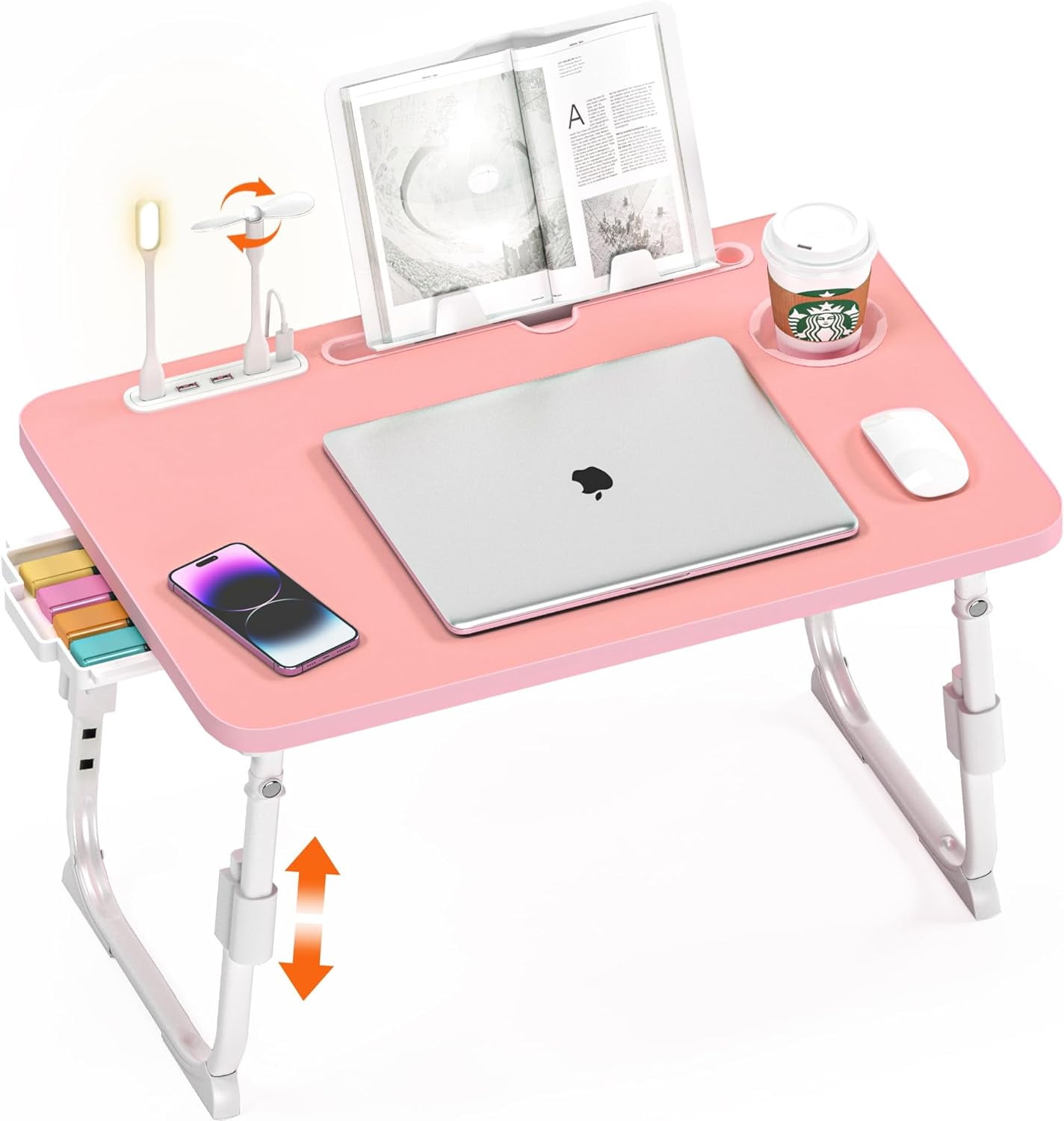 Bed Desk Height Adjustable, Bed Laptop Table with USB/Storage Drawer ...