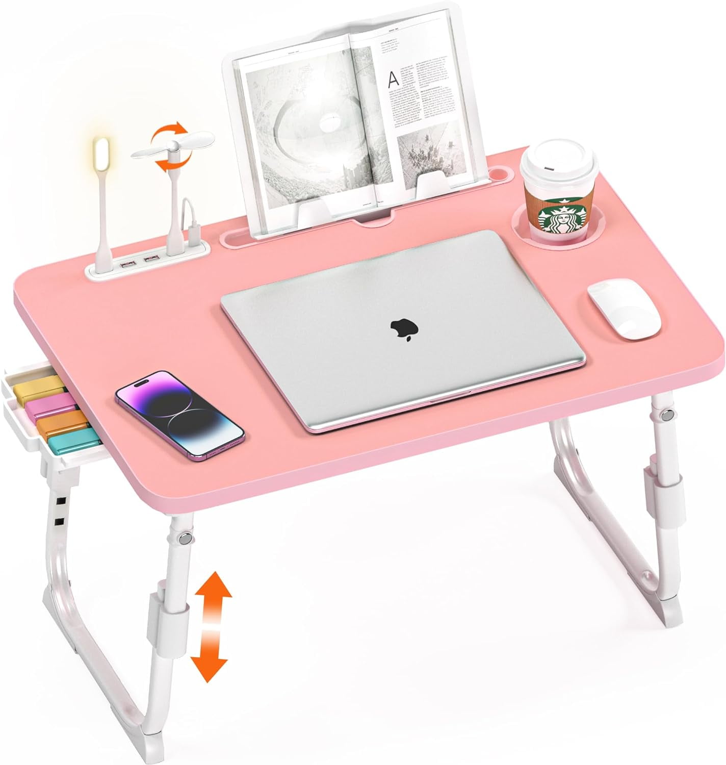 Bed Desk Height Adjustable, Bed Laptop Table with USB/Storage Drawer ...