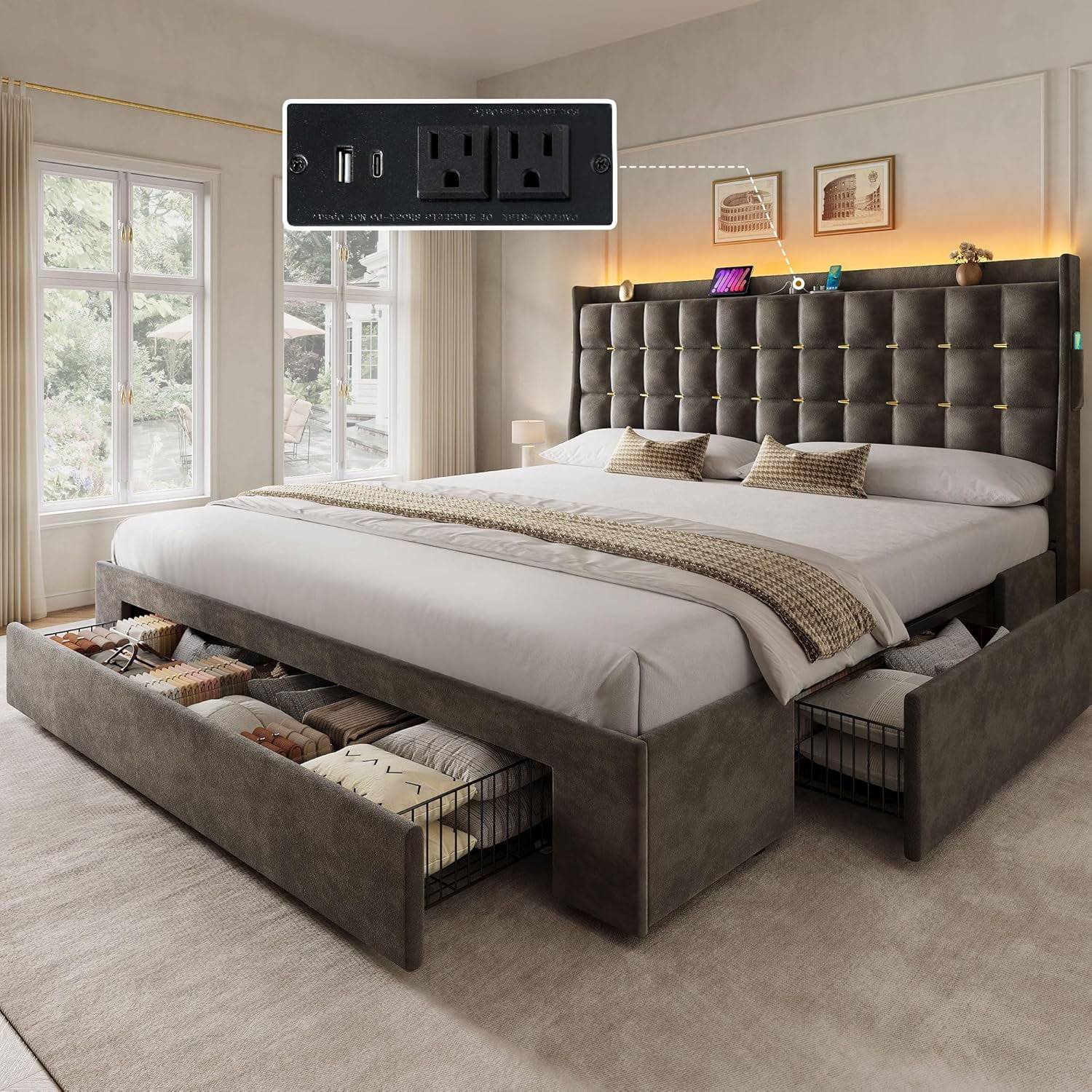Bed Frame with 3 Storage Drawers and RGB LED Lights, Velvet Upholstered ...