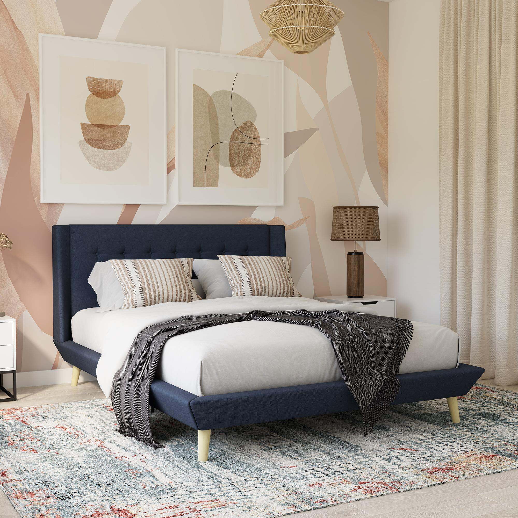 Bed Frame, Aliyah Queen Upholstered Bed, Blue,Dark Navy Platform Bed ...