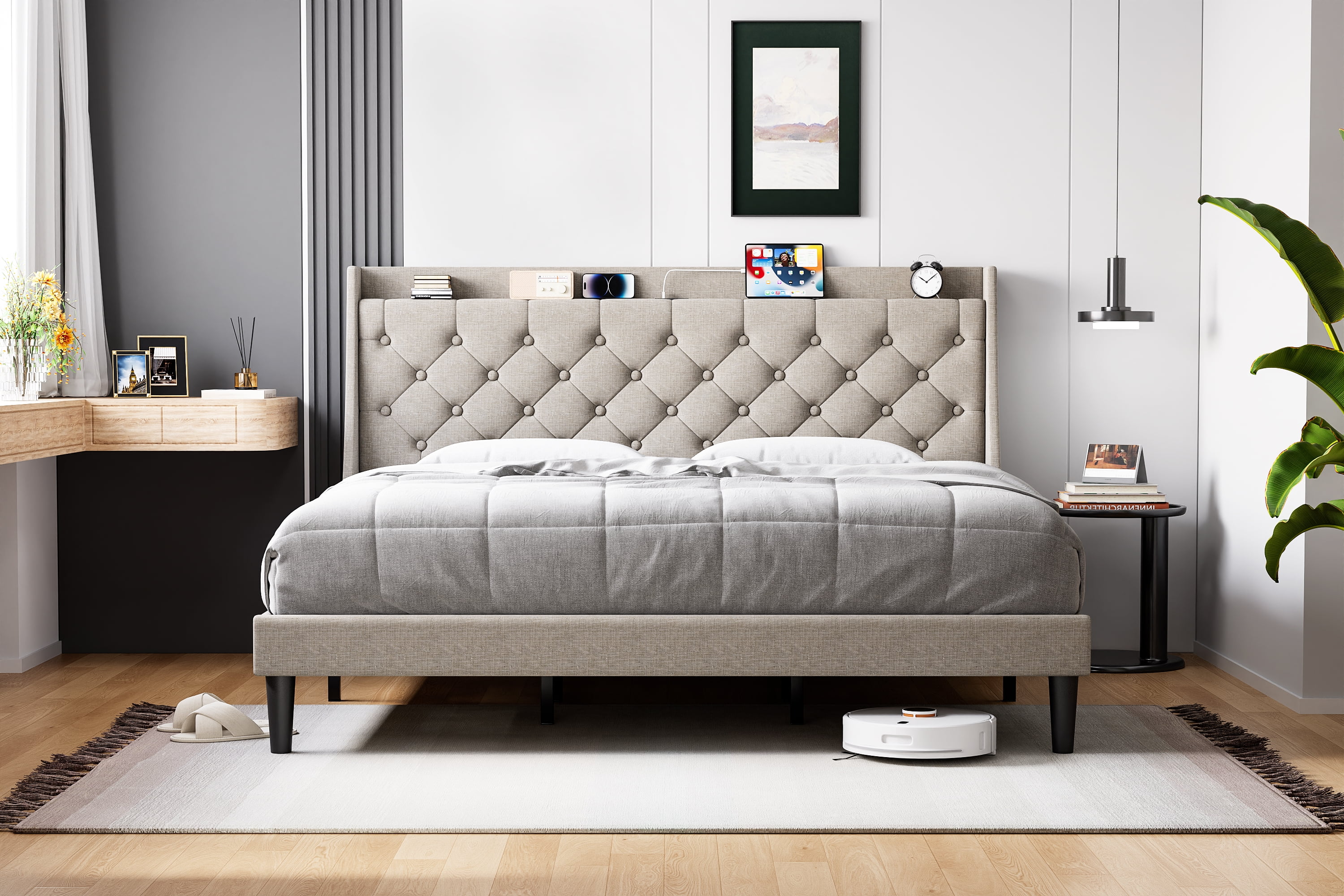 Bed Frame,Bed Frame with Charging Station and Storage Rack, Upholstered ...