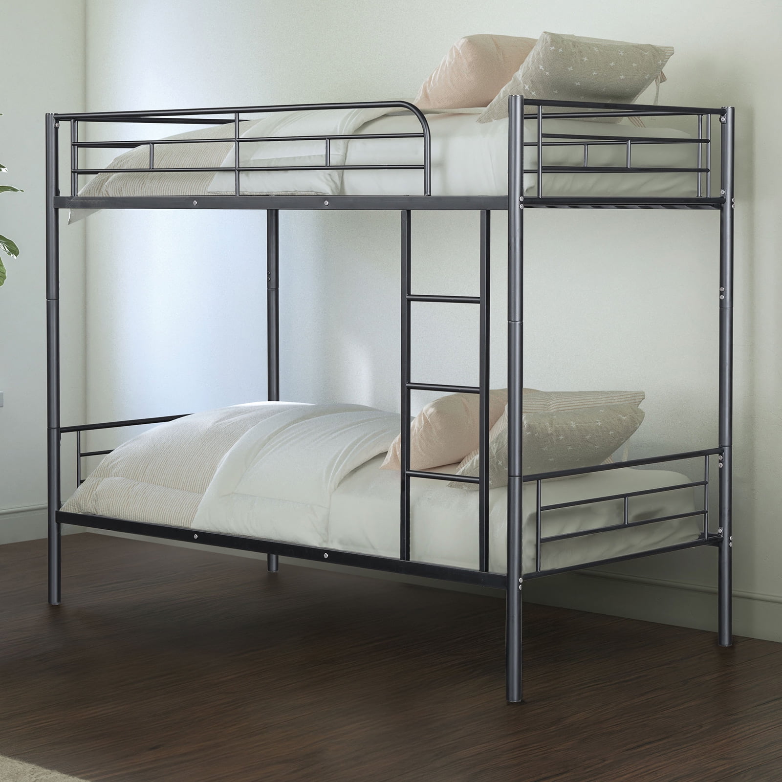 Bed Frame Black Finish Twin Over Twin Bunk Bed Contemporary Style Metal ...