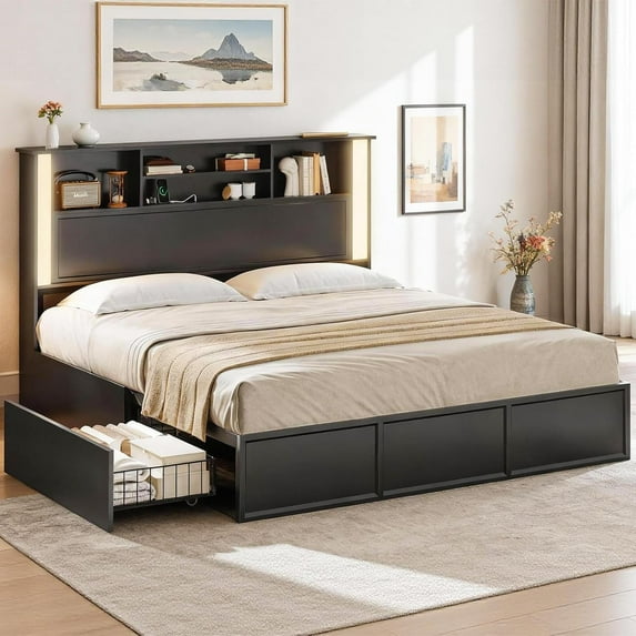 Bed Frame with Bookcase Storage Headboard and 4 Drawers, Wooden ...
