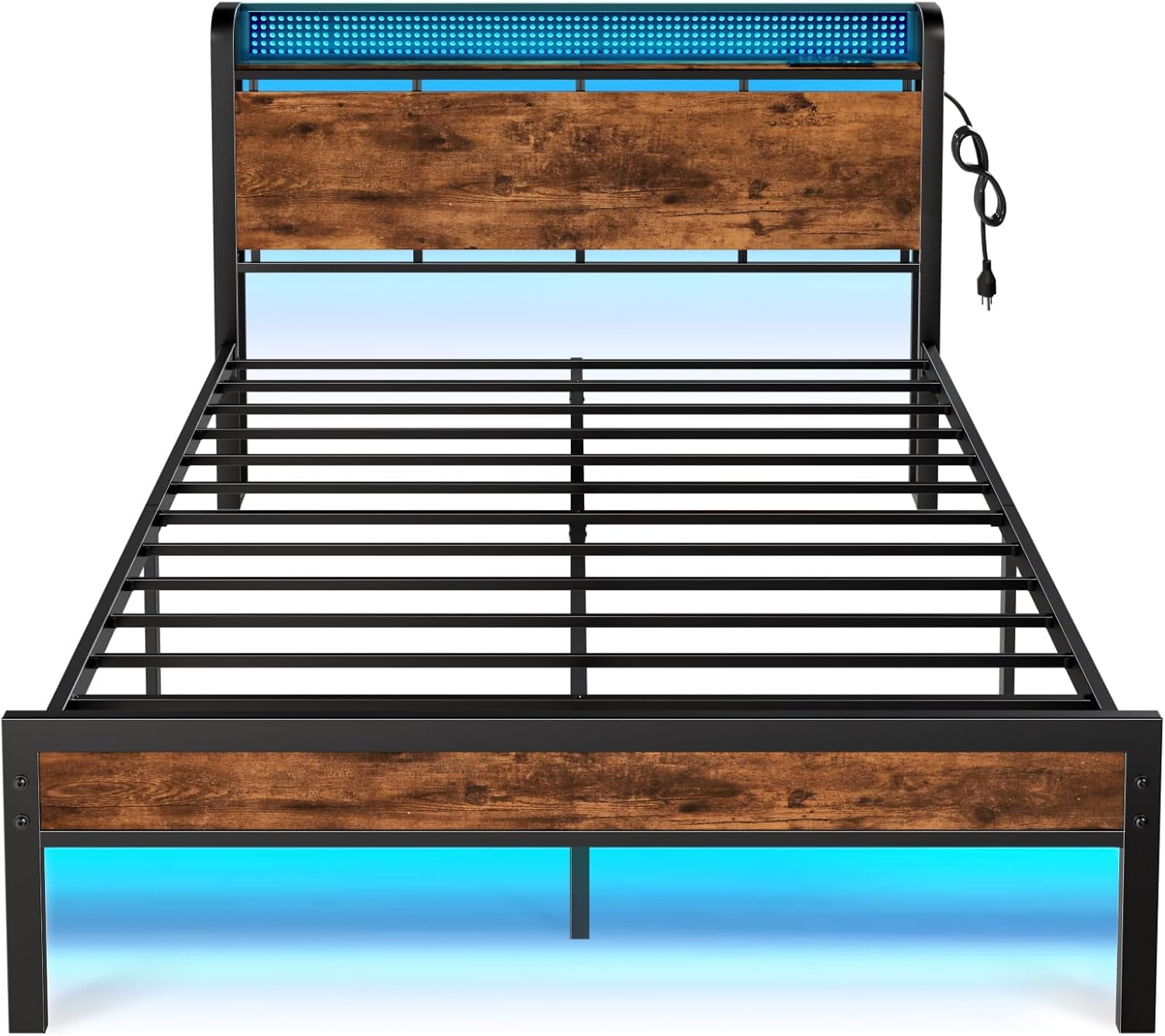 Bed Frame with Charging Station and LED Lights,Industrial Platform Beds ...