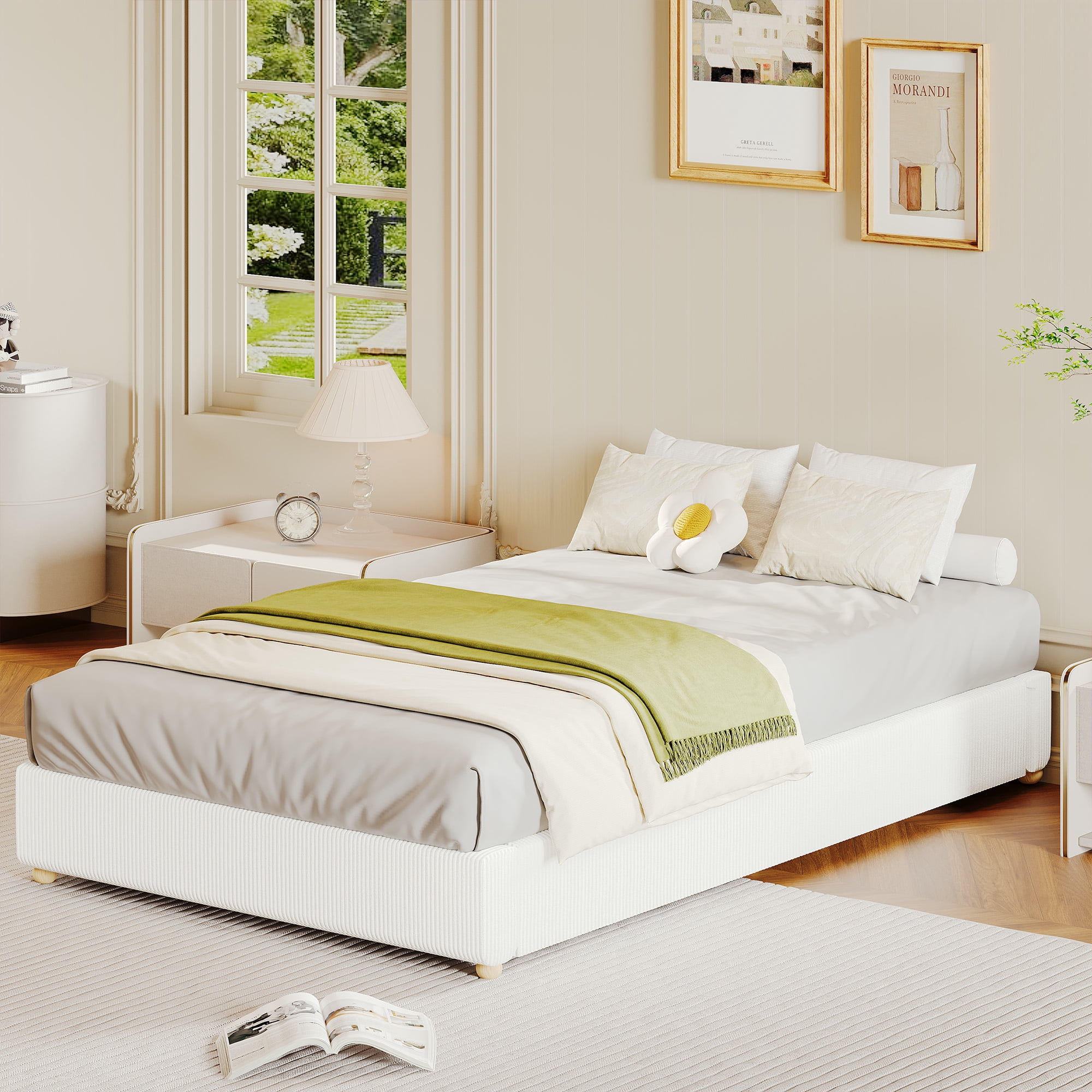 Bed Frame,Cloud Boucle Upholstered Platform Bed Frame without Headboard ...