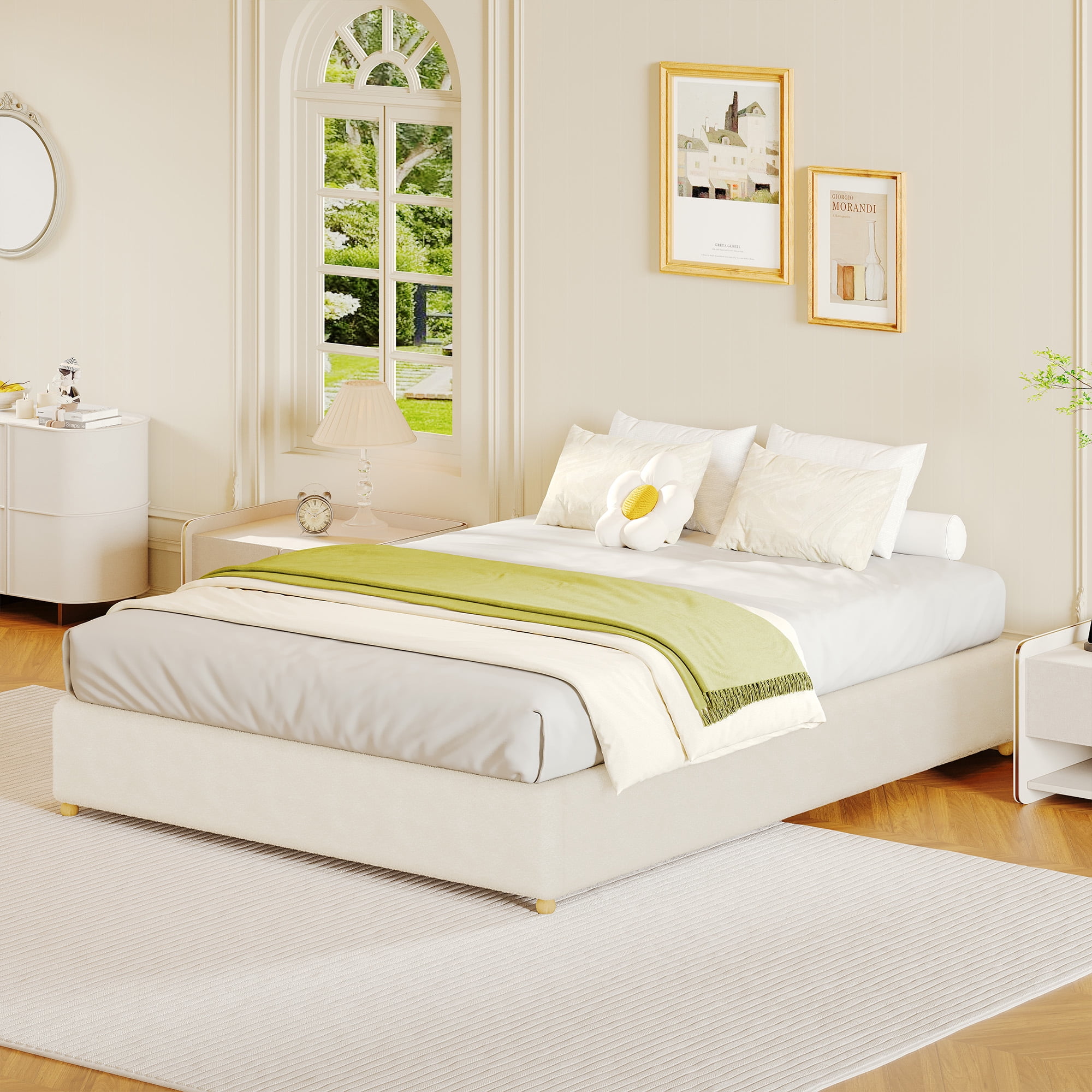 Bed Frame,Cloud Boucle Upholstered Platform Bed Frame without Headboard ...
