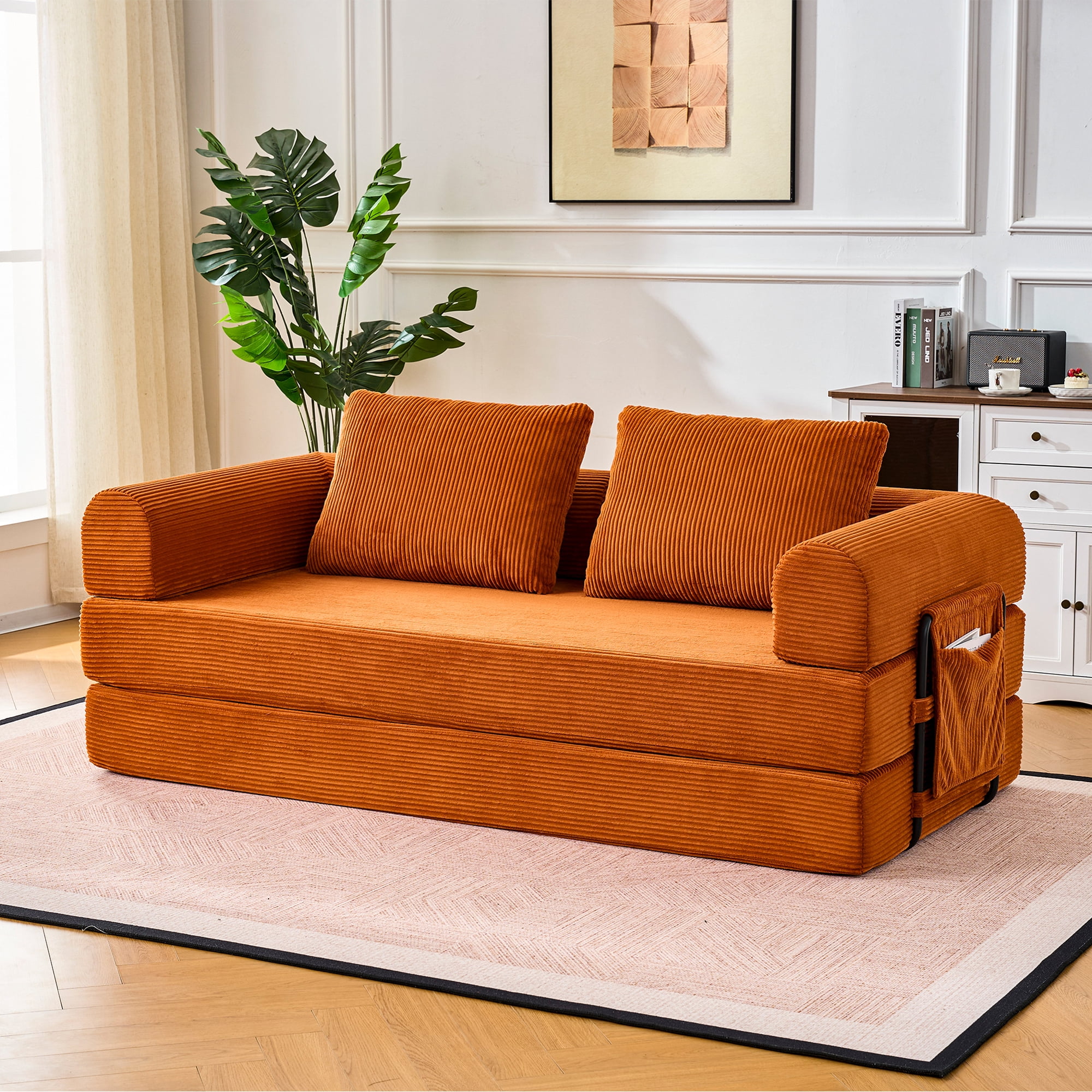 Bed Frame Convertible Sleeper Sofa Bed with Cylindrical Pillow ...