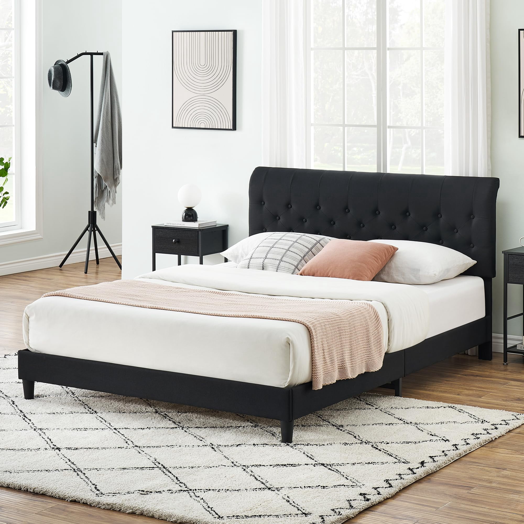 Bed Frame with Curved Upholstered Headboard, Curved Platform Bed Frame ...