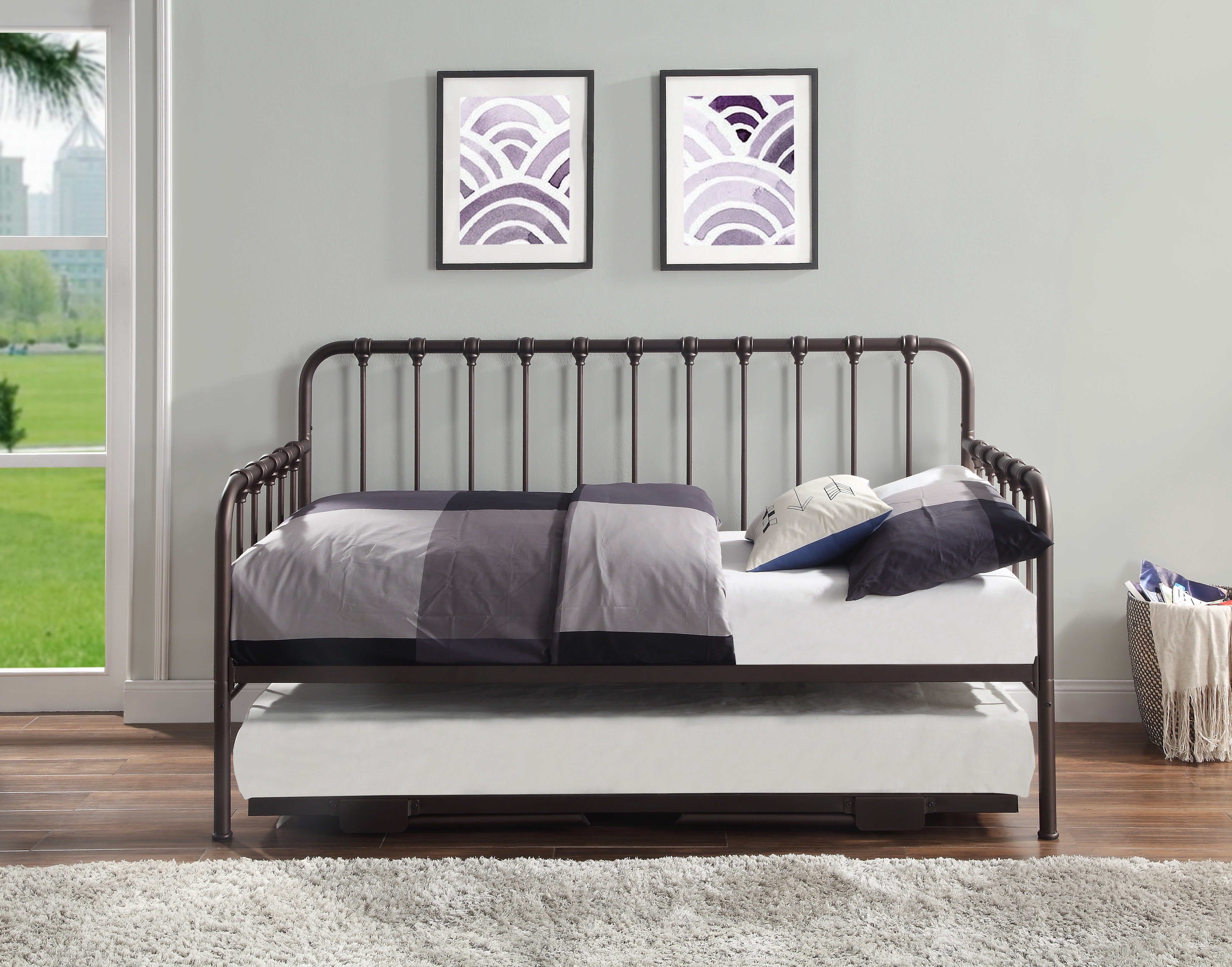 Bed Frame Daybed with Lift-up Trundle 1pc Dark Bronze Finish Metal ...
