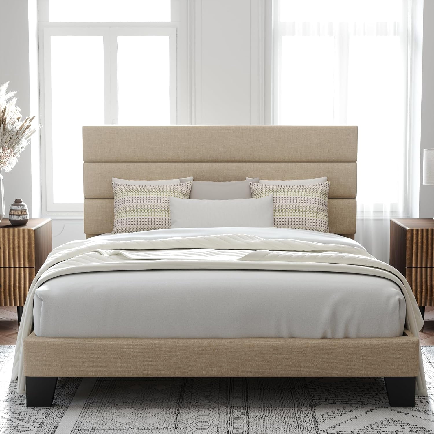 Bed Frame with Fabric Upholstered Headboard and Wooden Slats Support ...