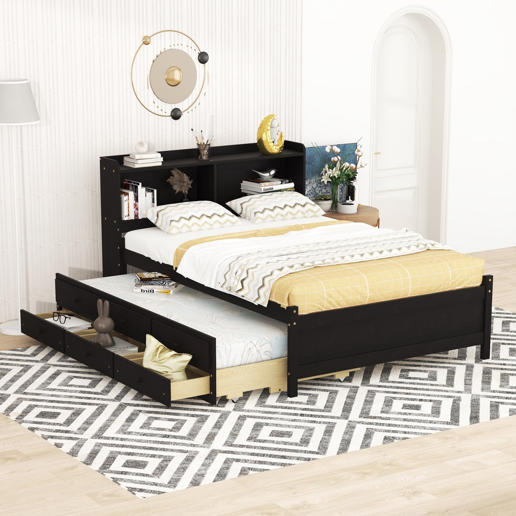 Bed Frame, Full Bed Frames with Trundle LED Light Bookcase Headboard 3 Storage Drawers, Trundle ...
