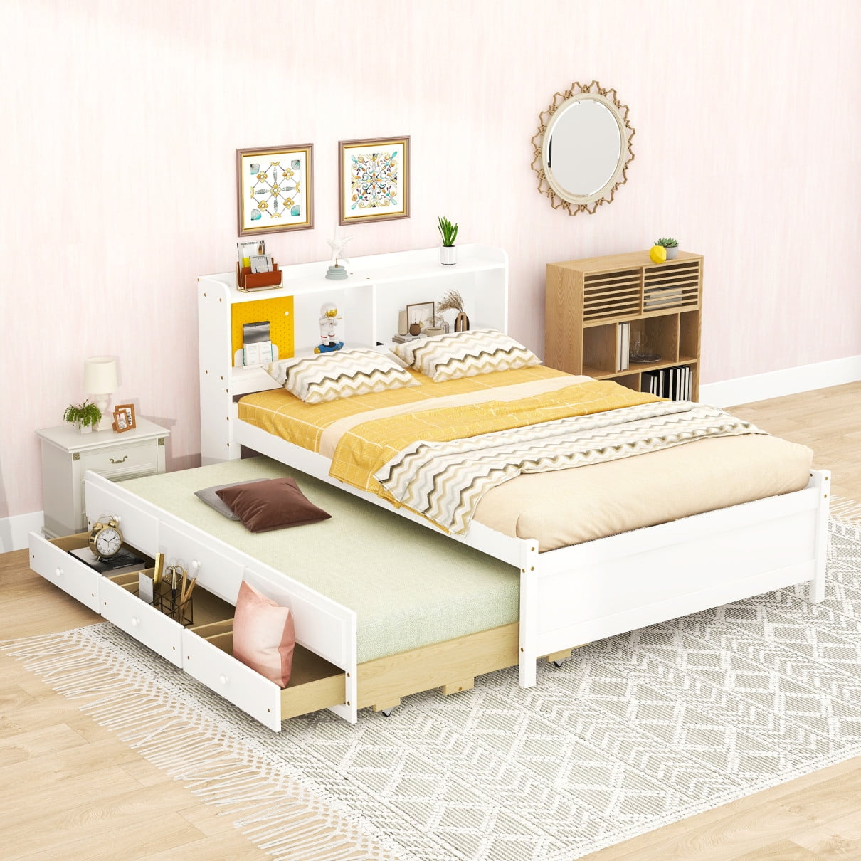 Bed Frame, Full Bed Frames with Trundle LED Light Bookcase Headboard 3 ...