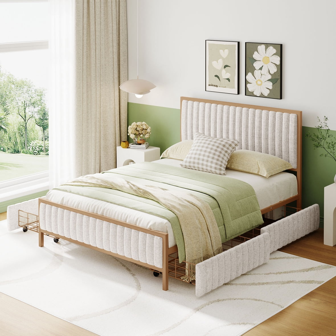 Bed Frame Full Size with 4 Drawers, Linen Upholstered Platform Bed with ...