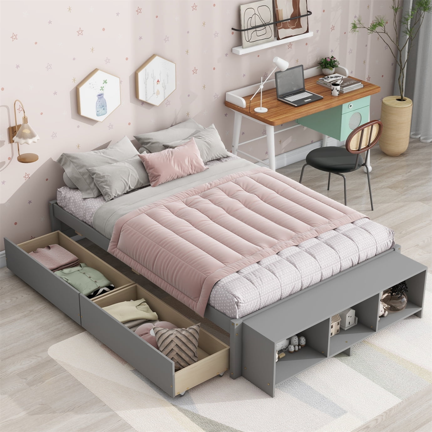 Bed Frame, Full Size Bed Frame with Storage Case and 2 Storage Drawers ...