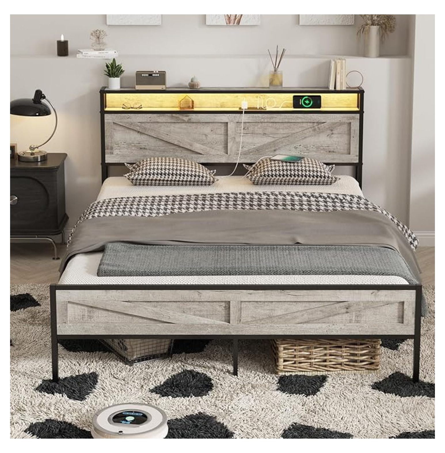 Bed Frame Full Size with Charging Station, Platform Metal Bed with ...