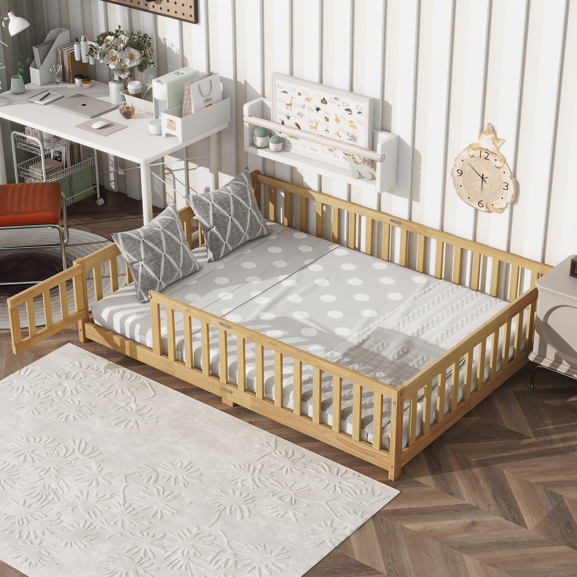 Bed Frame Full Size Floor Bed with Fence and Door,Rubber Wood Floor Bed ...