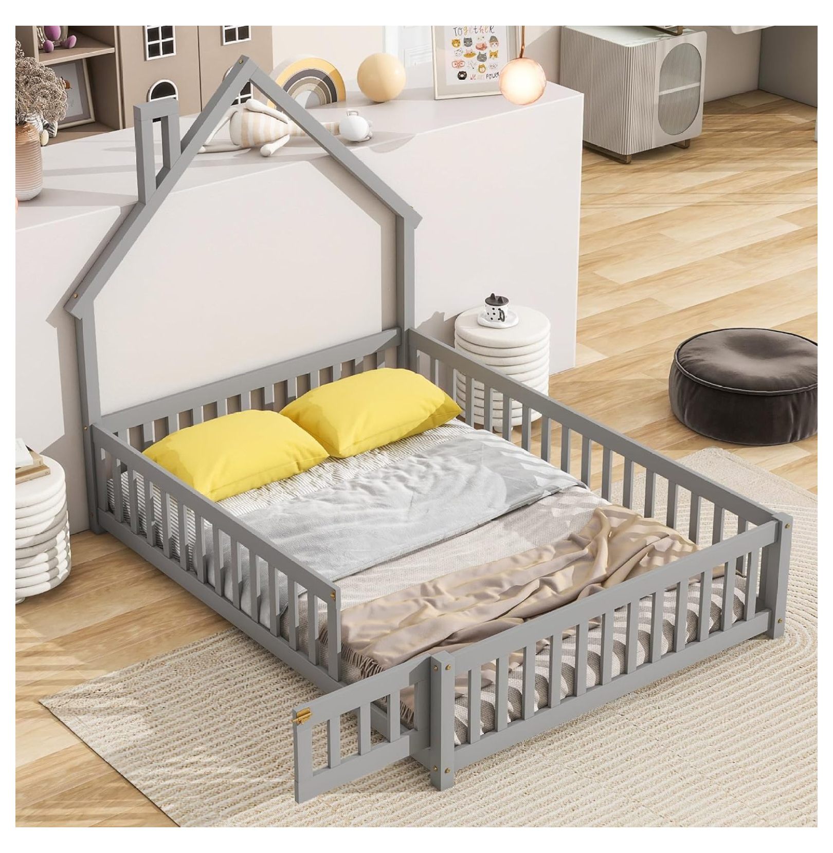 Bed Frame Full Size Floor Bed with Fence and House-Shaped Headboard ...