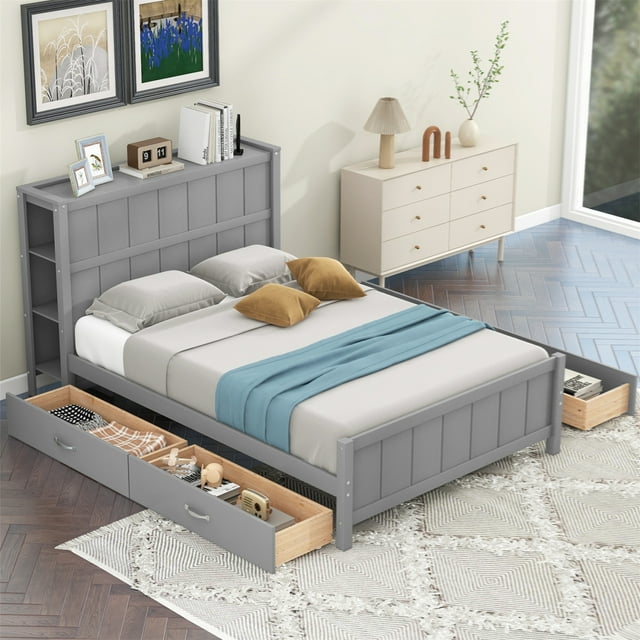 Bed Frame, Full Size Bed Frame with 4 Storage Drawers, Full Platform ...