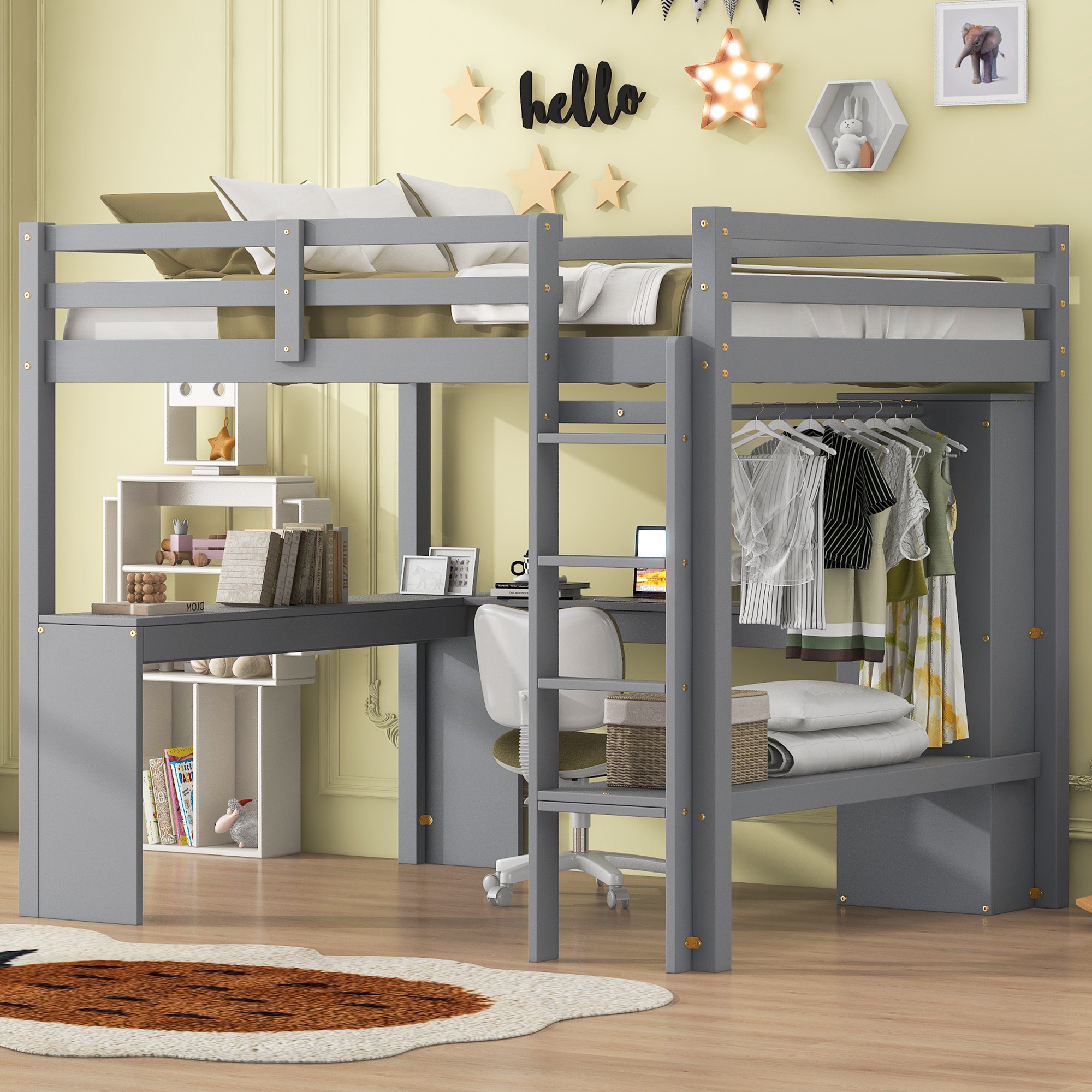 Bed Frame Full Size Loft Bed with L-shaped Desk, Wardrobe and Storage ...