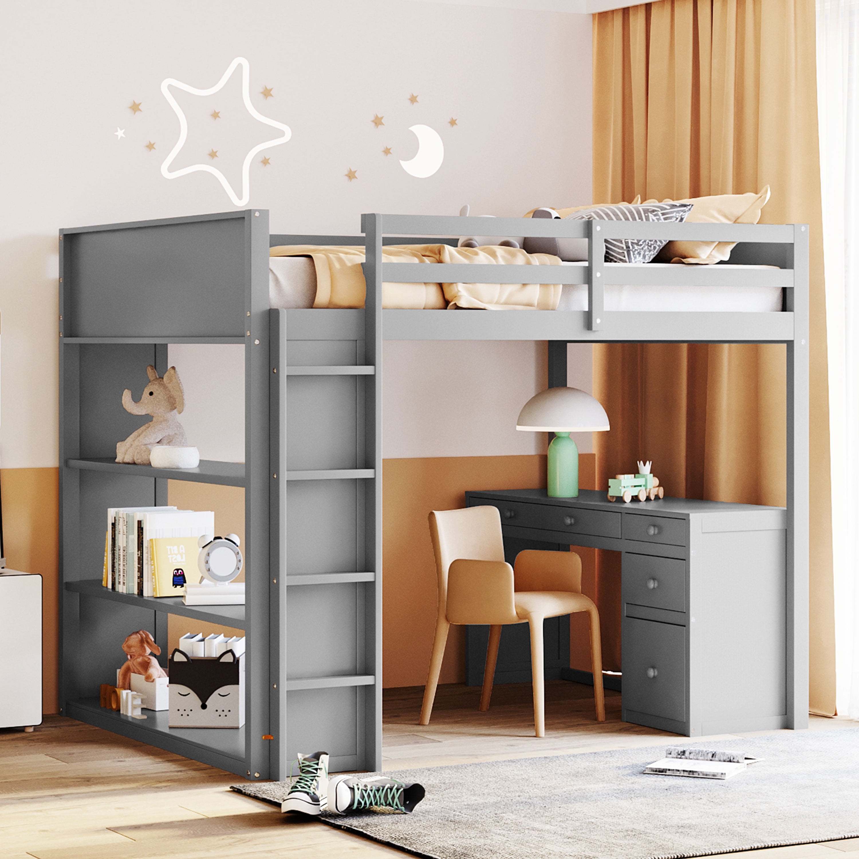 Bed Frame Full Size Loft Bed with Ladder, Shelves, and Desk, Gray ...