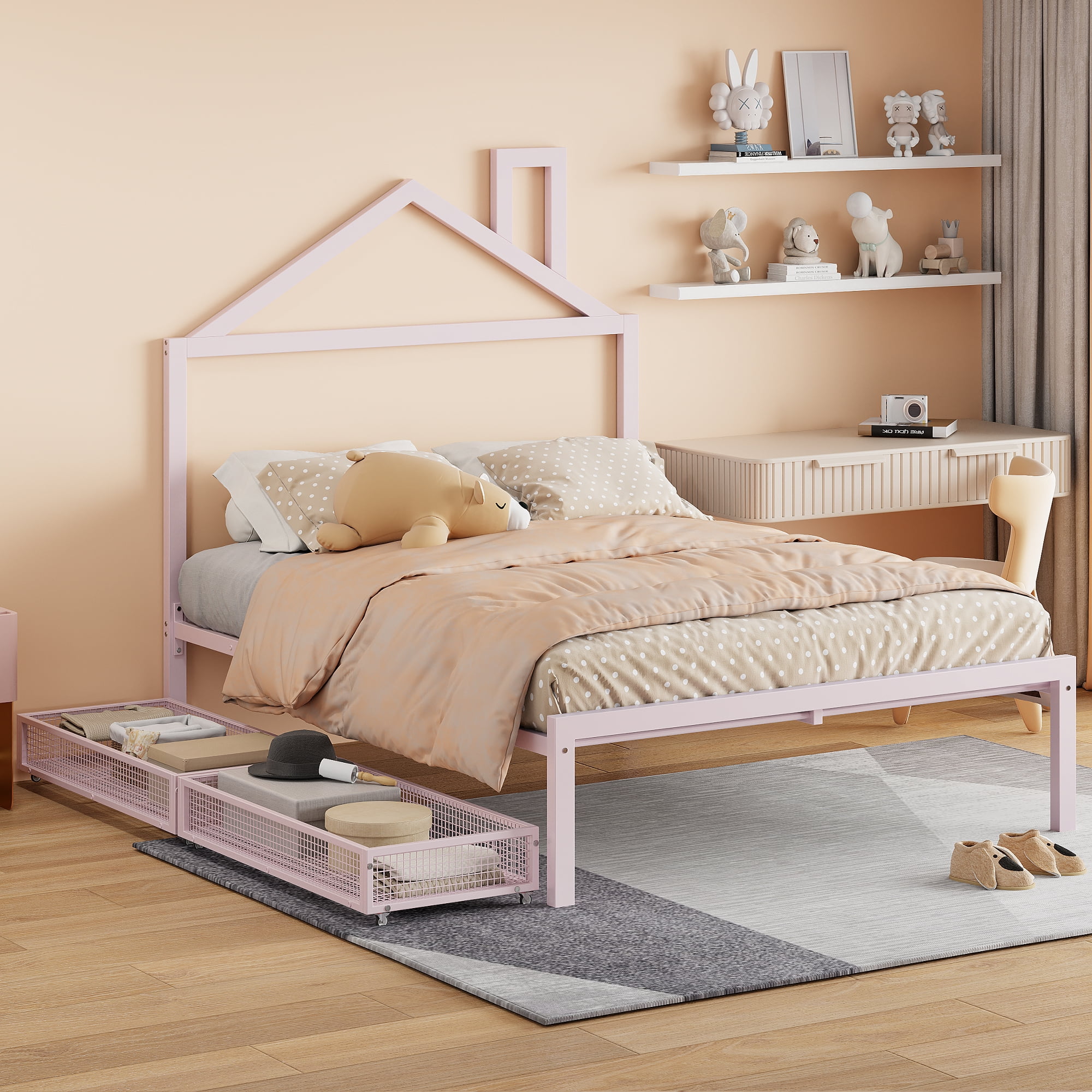Bed Frame Full Size Metal Platform Bed with two drawers,House-Shaped ...