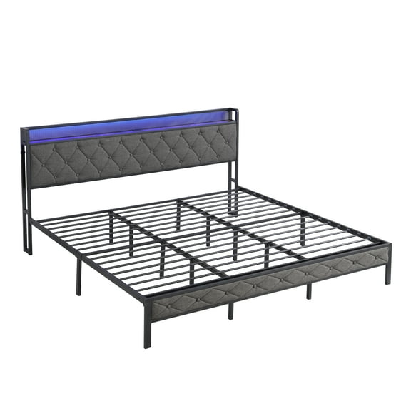 King Size Floating Bed Frame, Metal Platform, with LED Light and ...