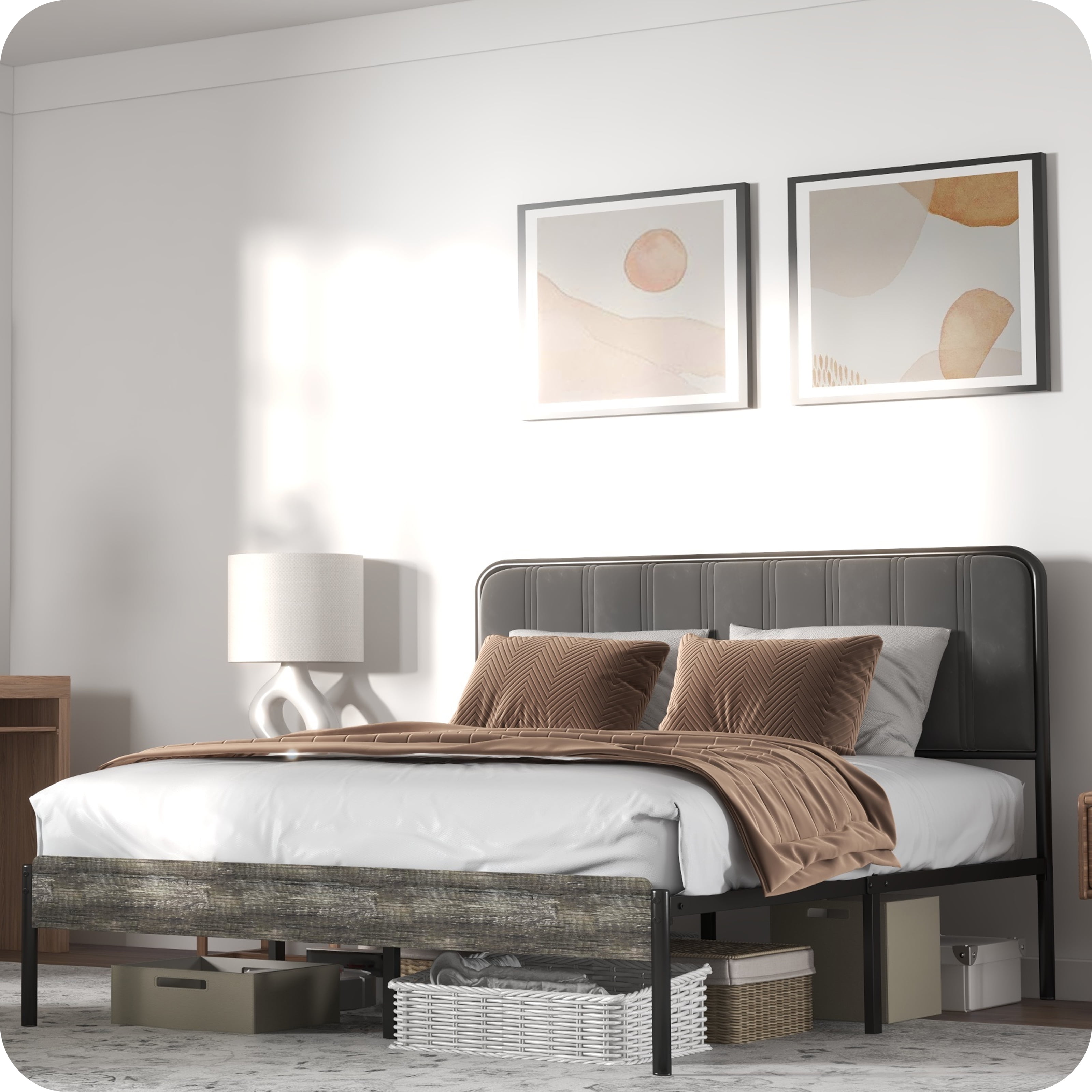 Bed Frame with Full Size Soft textile Headboard, Superior Support,Noise ...