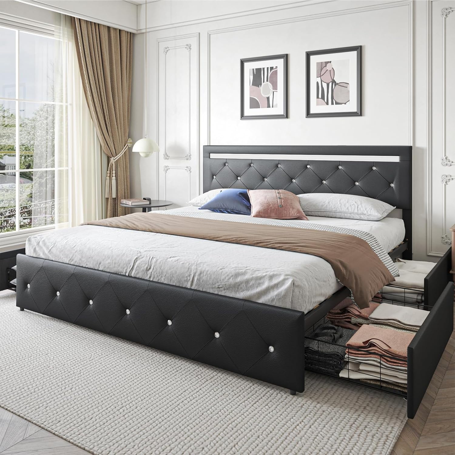 Bed Frame Full Size with Storage Drawers and LED Light, 2 Sockets and 2 ...