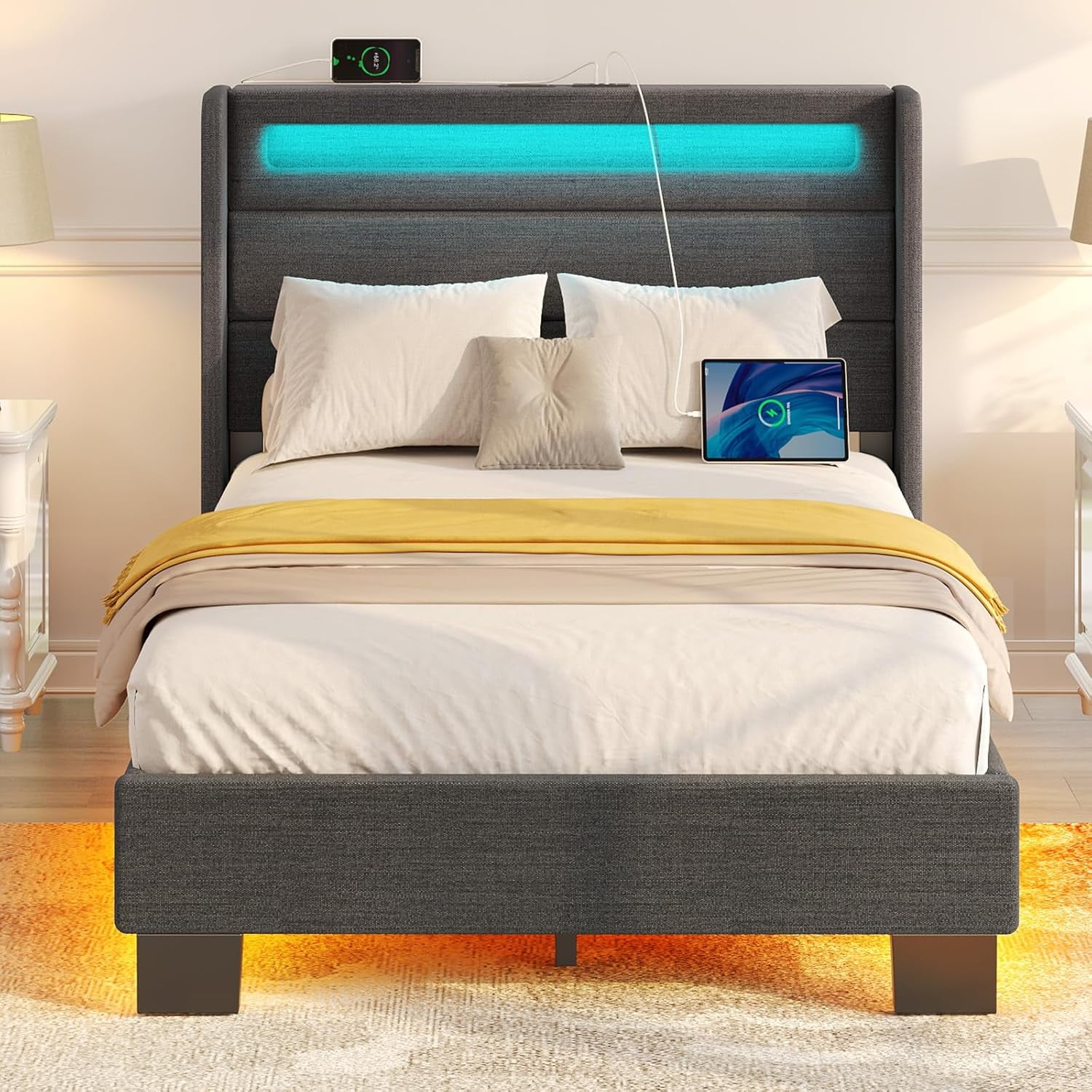 Bed Frame Full Size with LED Lights and Charging Station, Upholstered ...