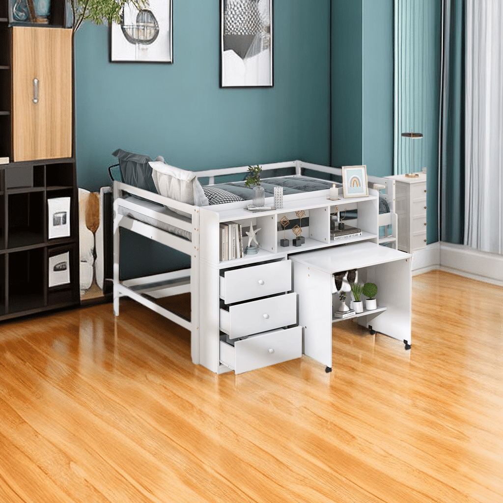 Bed Frame Full Wood, Full Size Low Loft Bed with Rolling Portable Desk ...