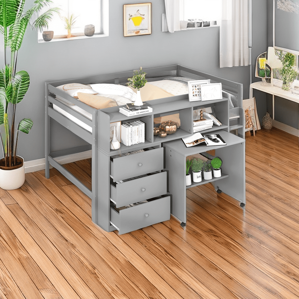 Bed Frame Full Wood, Full Size Low Loft Bed with Rolling Portable Desk ...