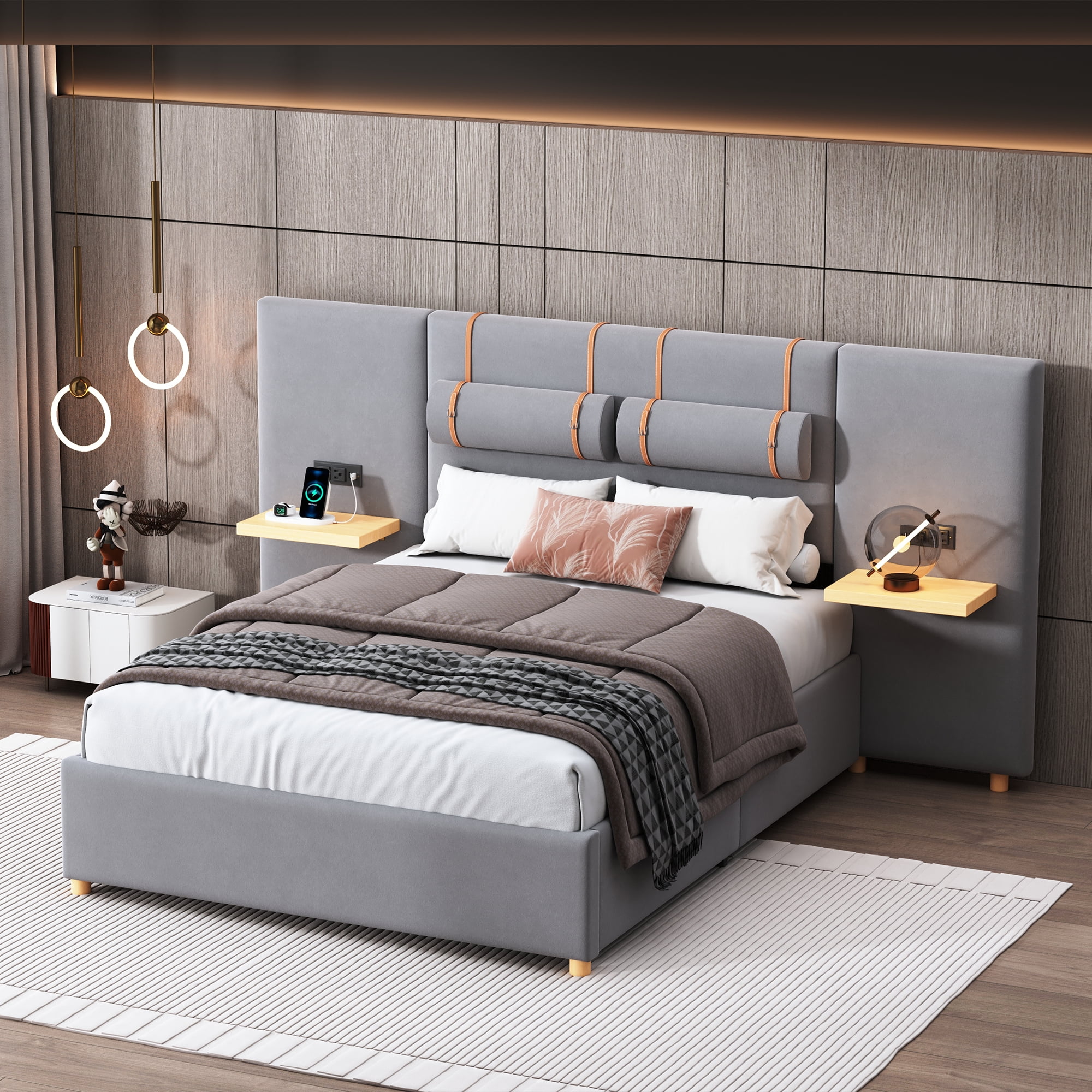 Bed Frame Full size upholstered platform bed with two outlets and USB ...