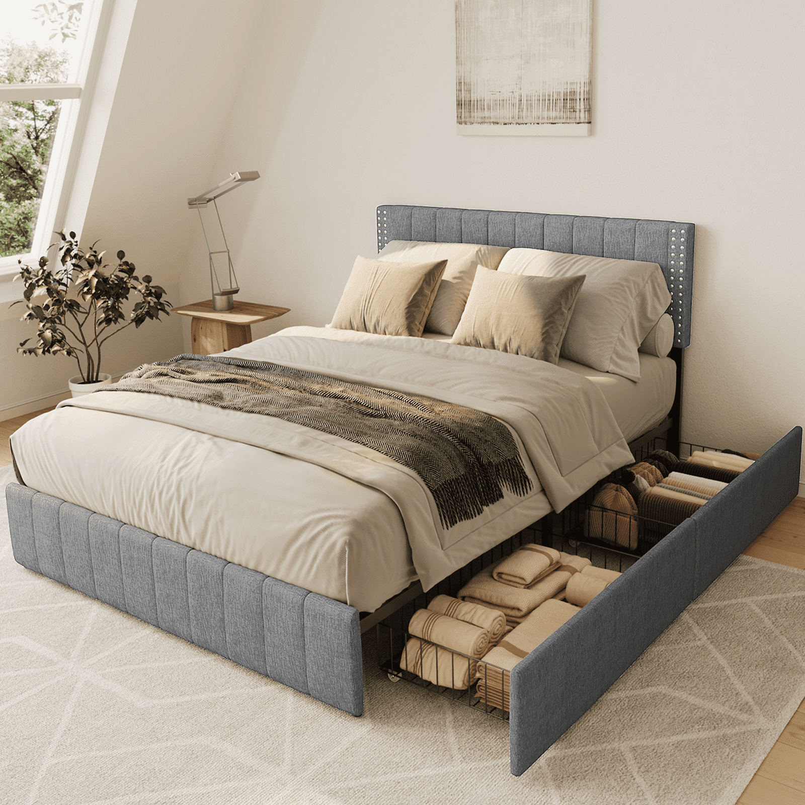 Aihom Full Size Platform Base Bed Frame with Headboard and 4 Storage ...