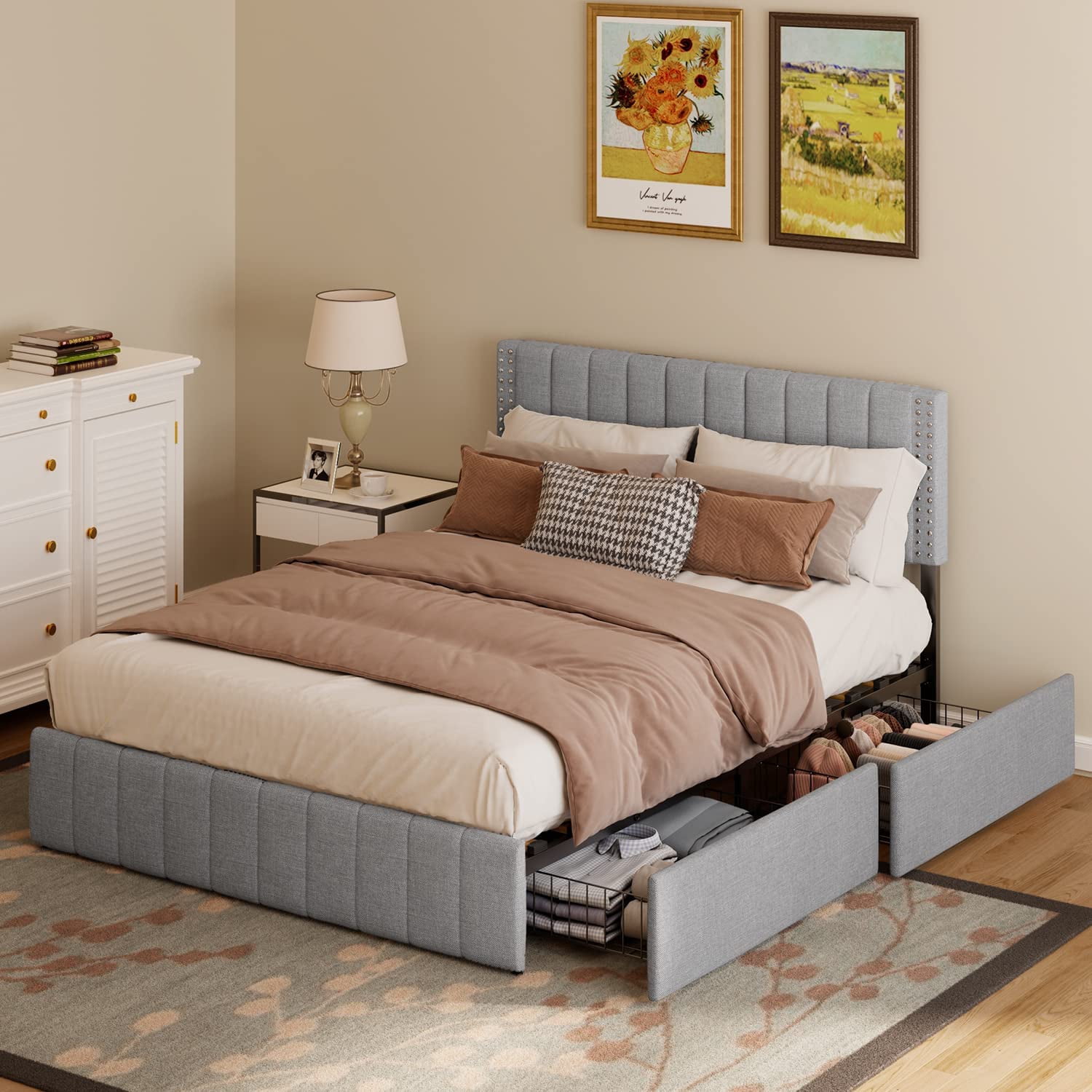 Aihom Full Size Platform Base Bed Frame with Headboard and 4 Storage ...