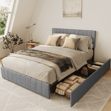 Homfa Full Size Storage Bed with 4 Drawers, Button Tufted Upholstered ...