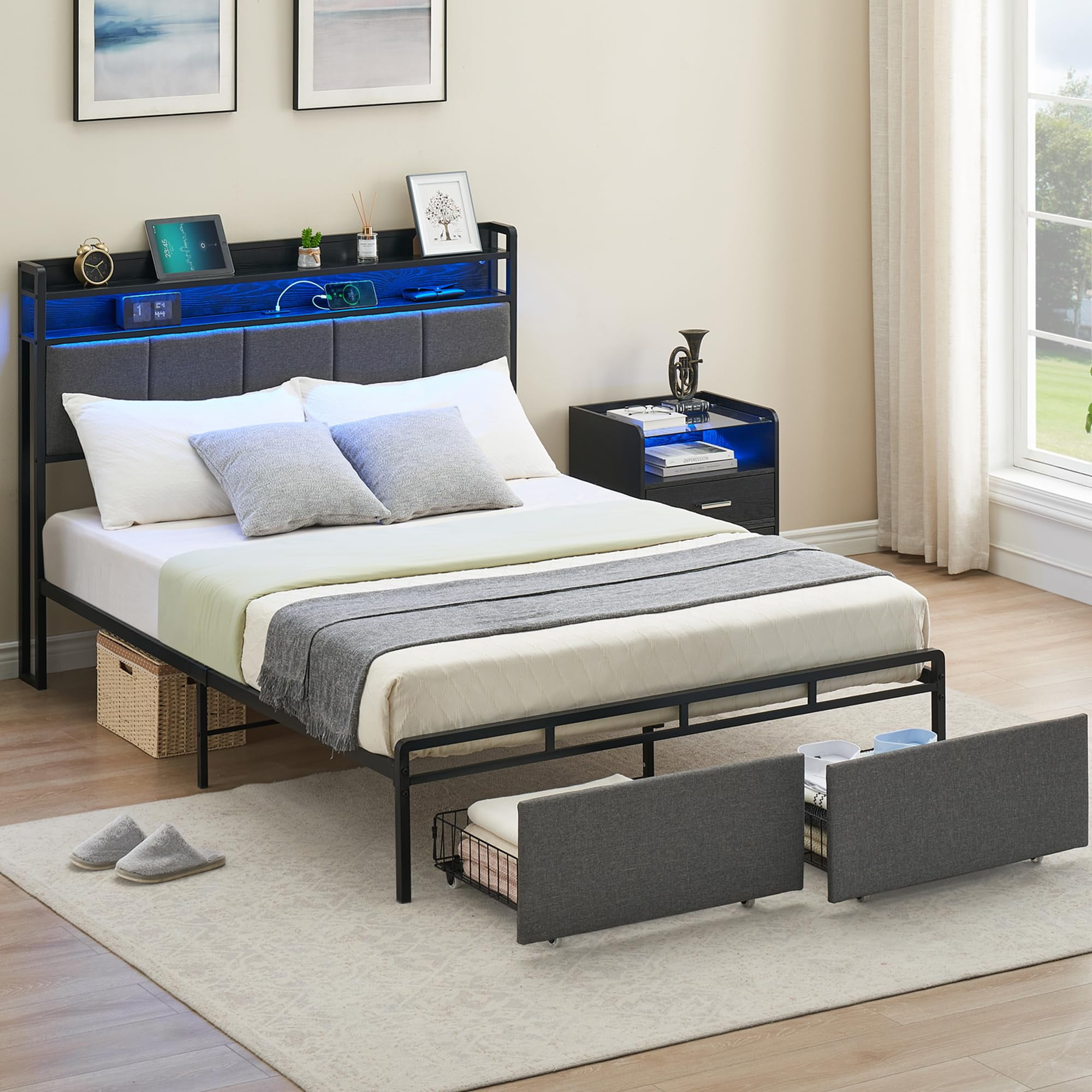 Bed Frame with Headboard and 2 Storage Drawers, Upholstered Platform ...