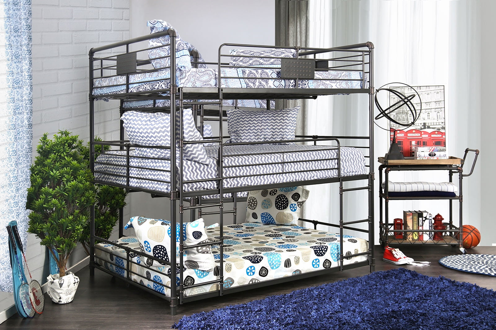 Bed Frame Industrial Style Bunk Bed Full Over Full Over Full Attached ...