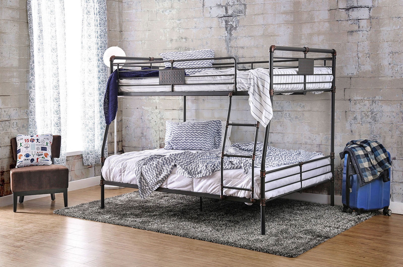 Bed Frame Industrial Style Metal Bunk Bed Full Over Queen With Attached ...