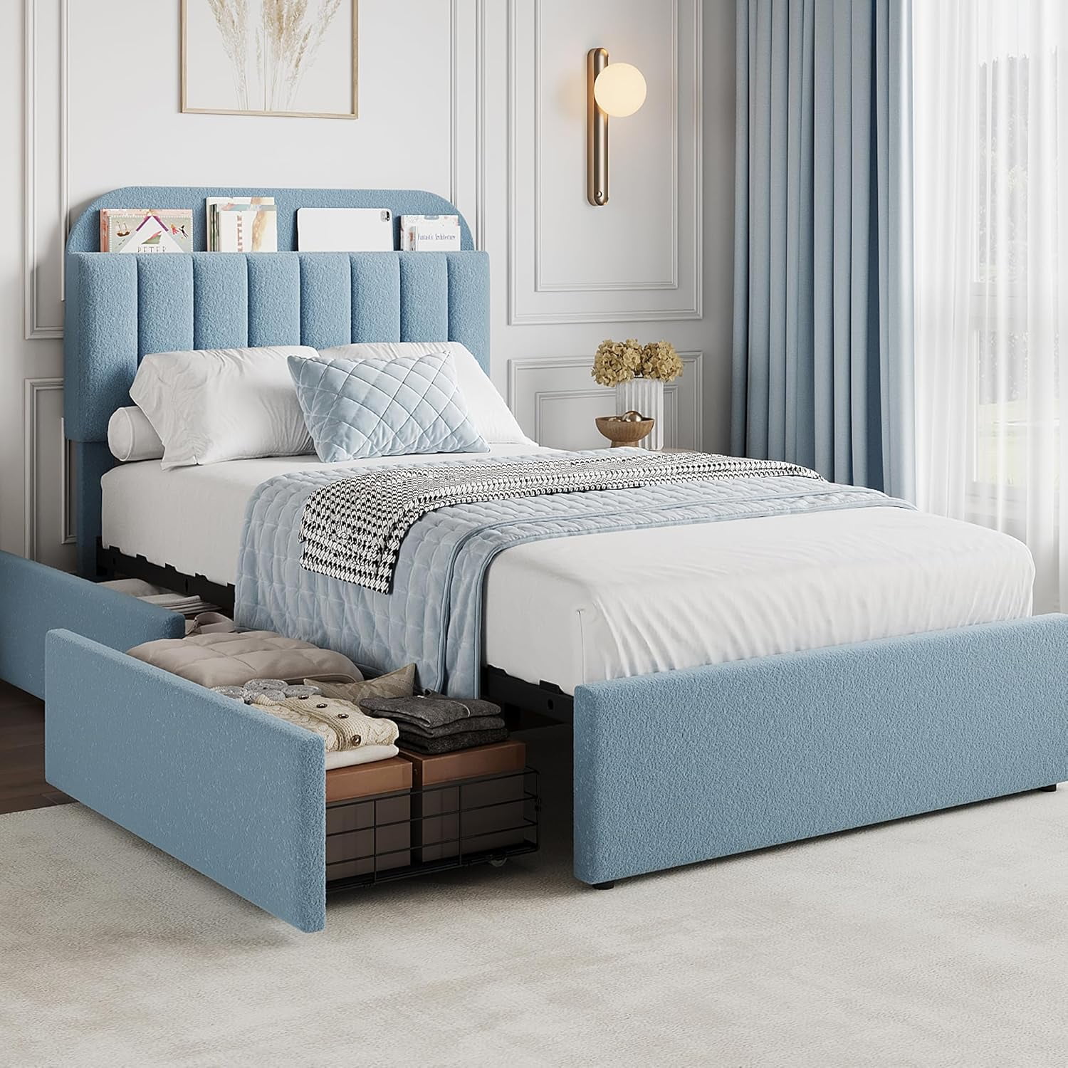 Bed Frame for Kids, Boucle Upholstered Platform Bed for Boys/Girls with ...