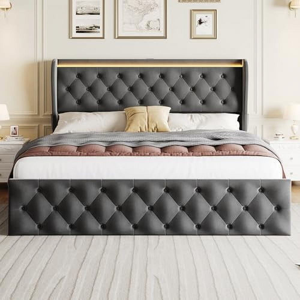 Bed Frame with LED Lights, Upholstered Bed Frame with Charging Station ...