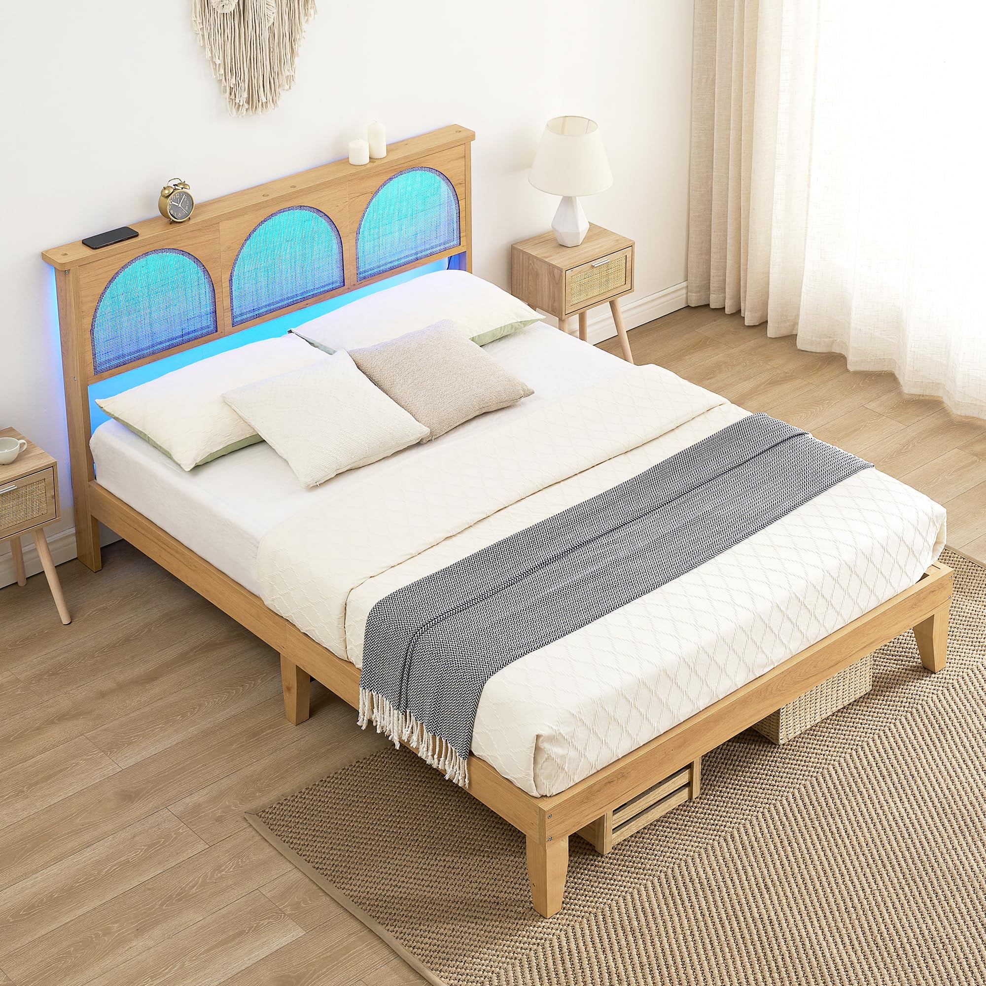 Sainspeed Queen Platform Bed with LED Lighted Rattan Headboard and ...