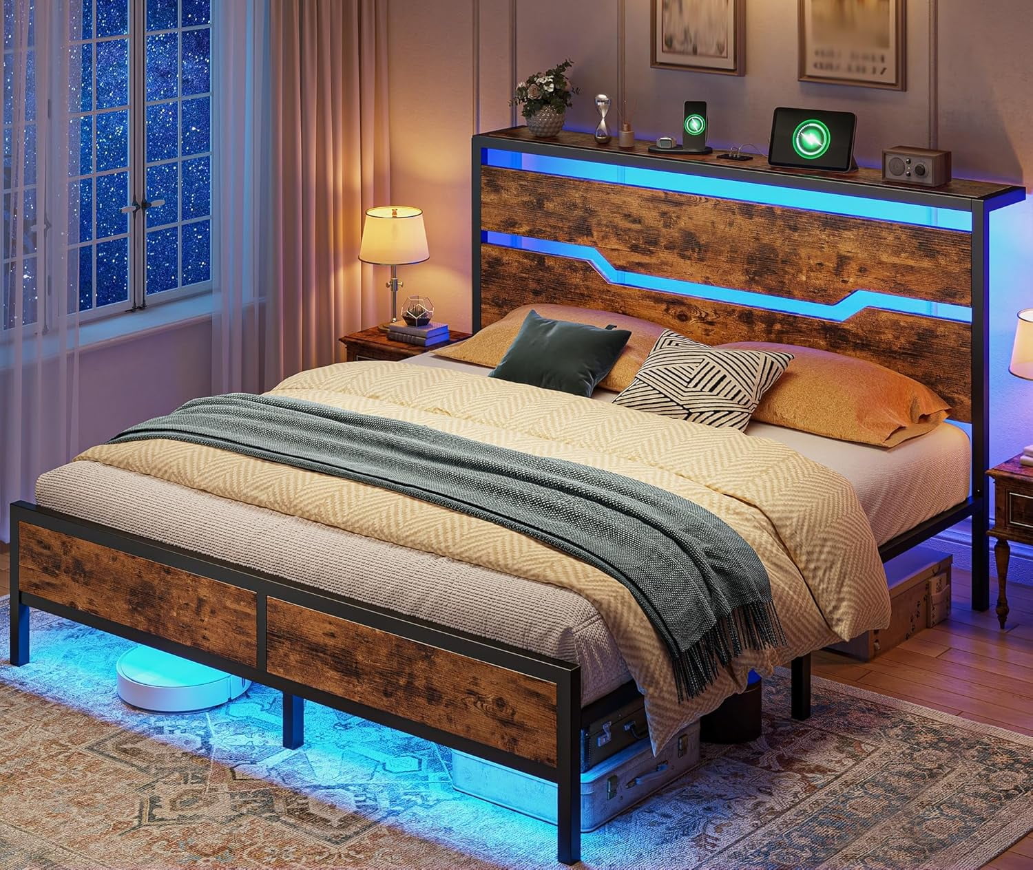 Bed Frame with Lights, Platform Bed Frame with Headboard & Station & 13 ...