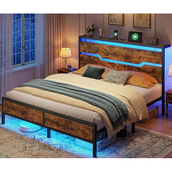Bed Frame with Lights, Platform Bed Frame with Headboard & Station & 13 ...