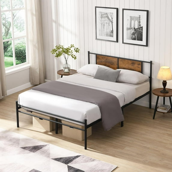 Bed Frame, Metal Bed Frame, Queen Size Bed Platform with Wood Panel ...