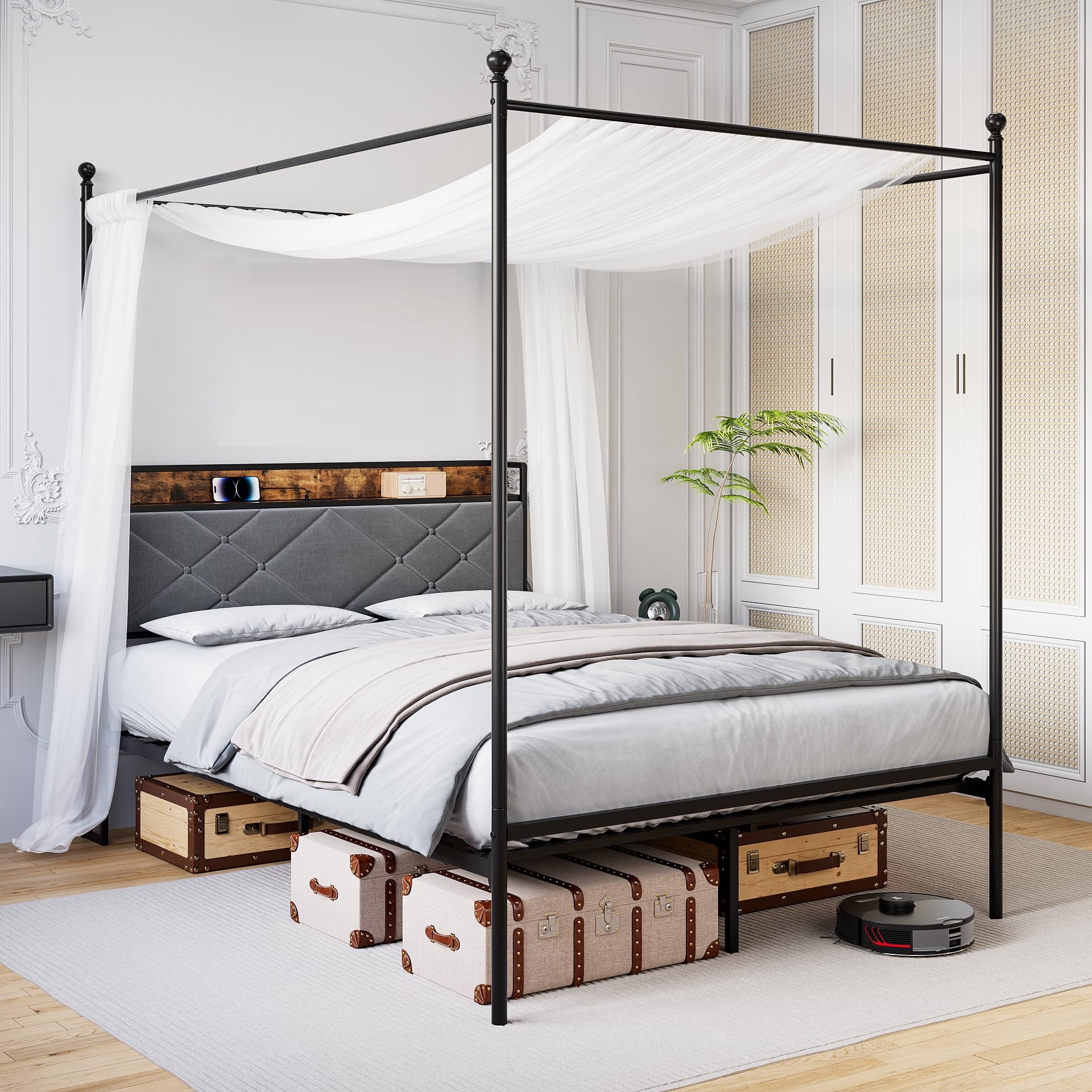 Bed Frame, Metal Canopy Platform Bed Frame with with Linen Storage ...