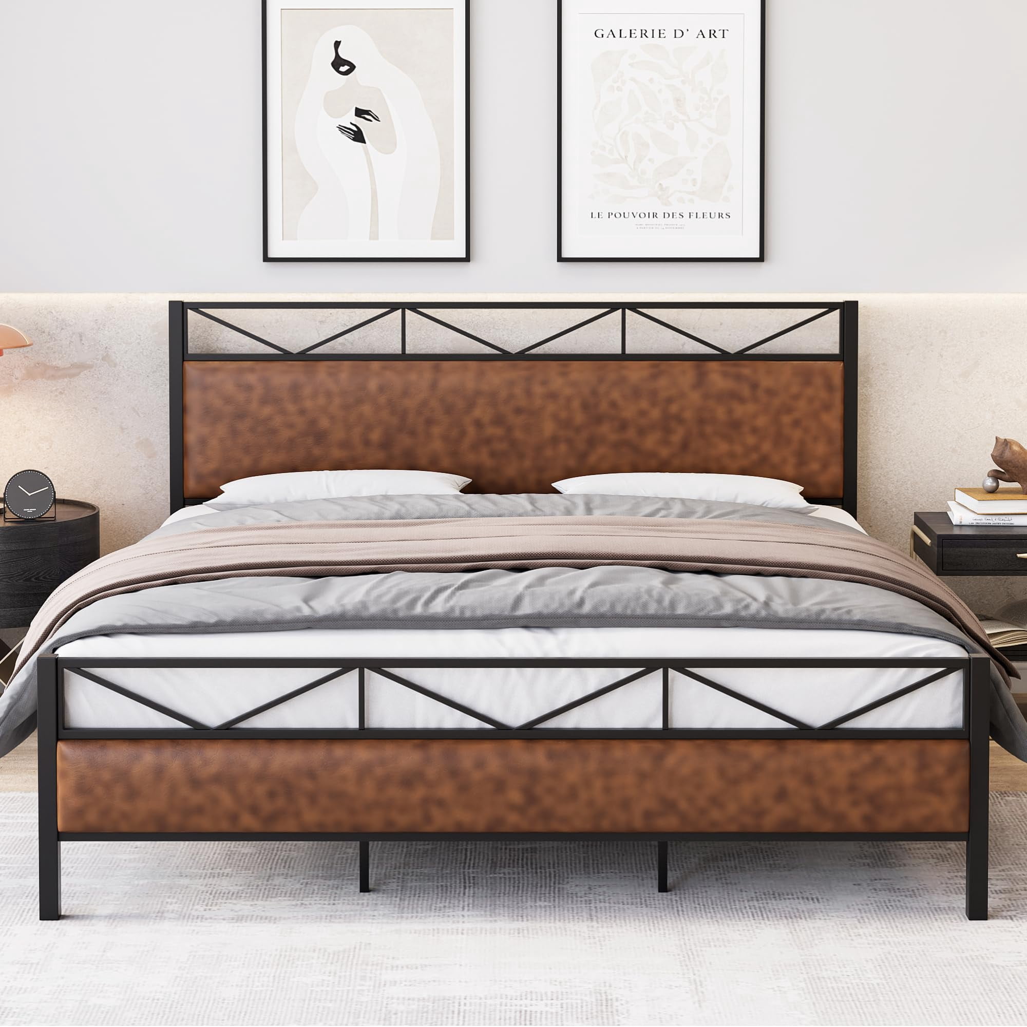 Bed Frame, Metal Platform Bed Frame with PU Leather Headboard ...