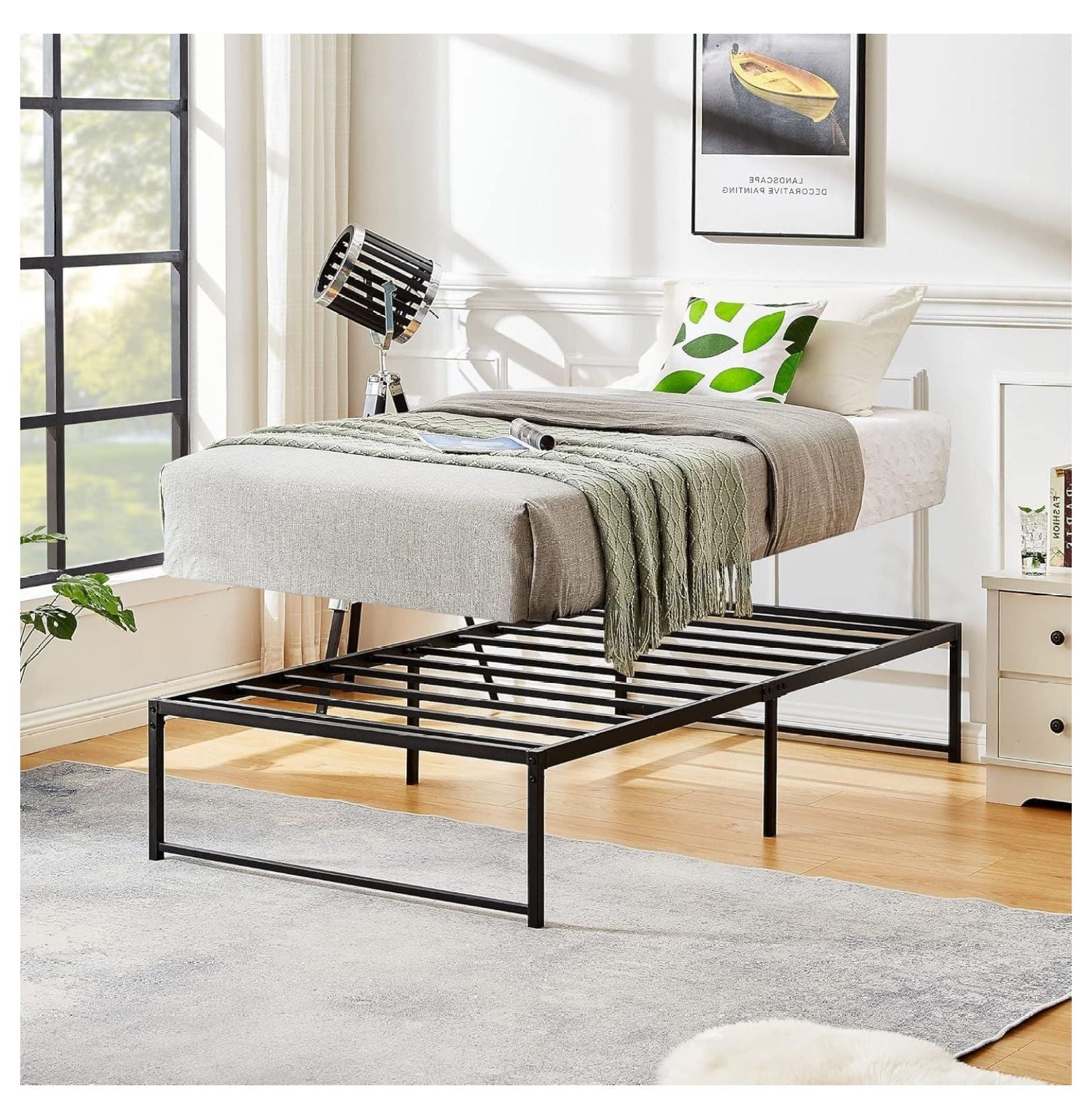 Bed Frame Metal Platform Mattress Foundation with Steel Slat Support ...