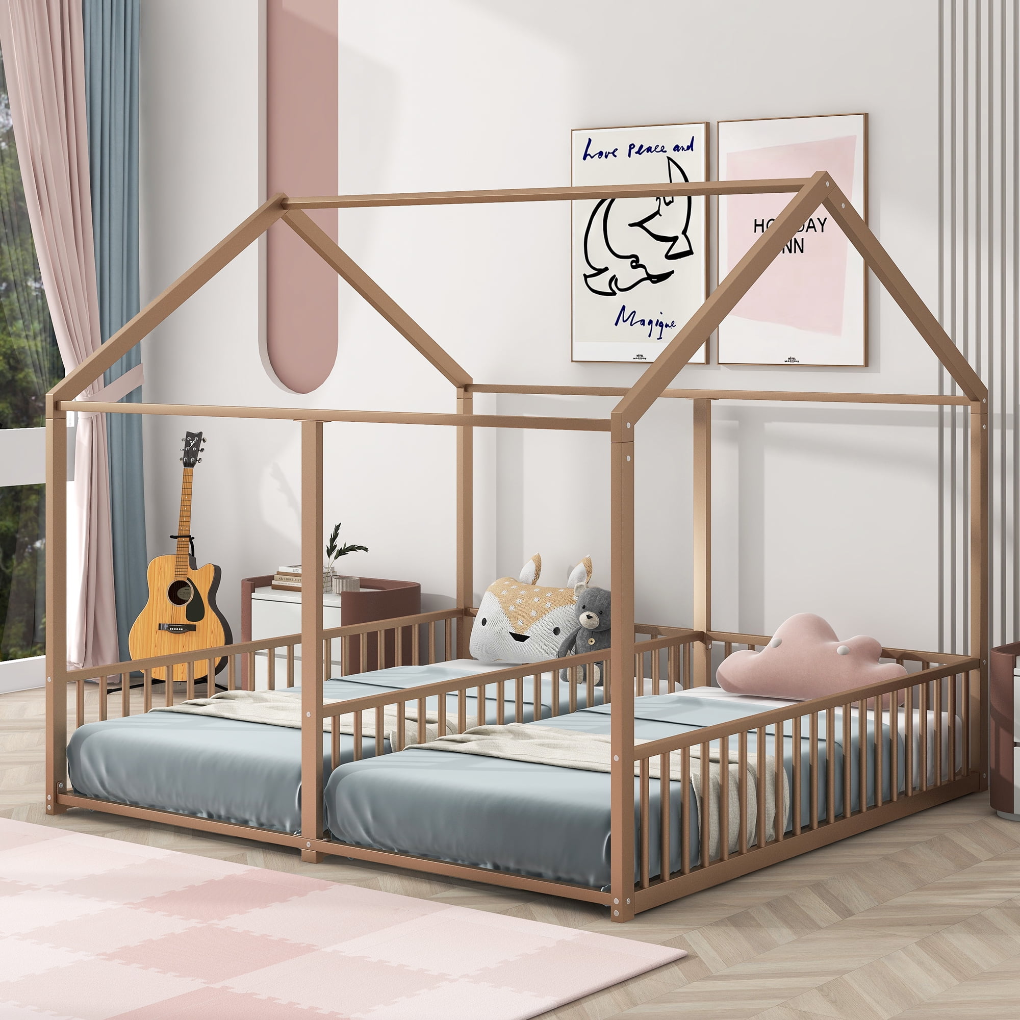 Bed Frame Metal Twin Size House Platform Beds, Two Shared Beds, Gold ...